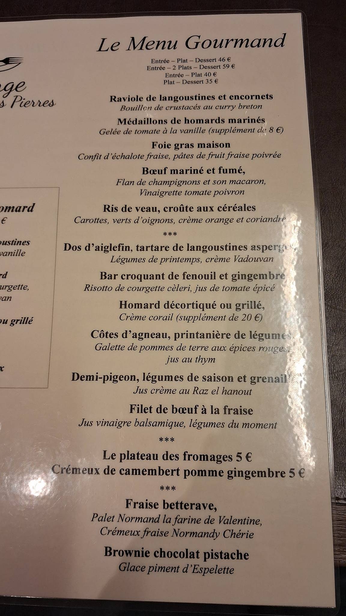 Menu au Auberge des Vieilles Pierres restaurant, Flers, 169 Buisson Corblin