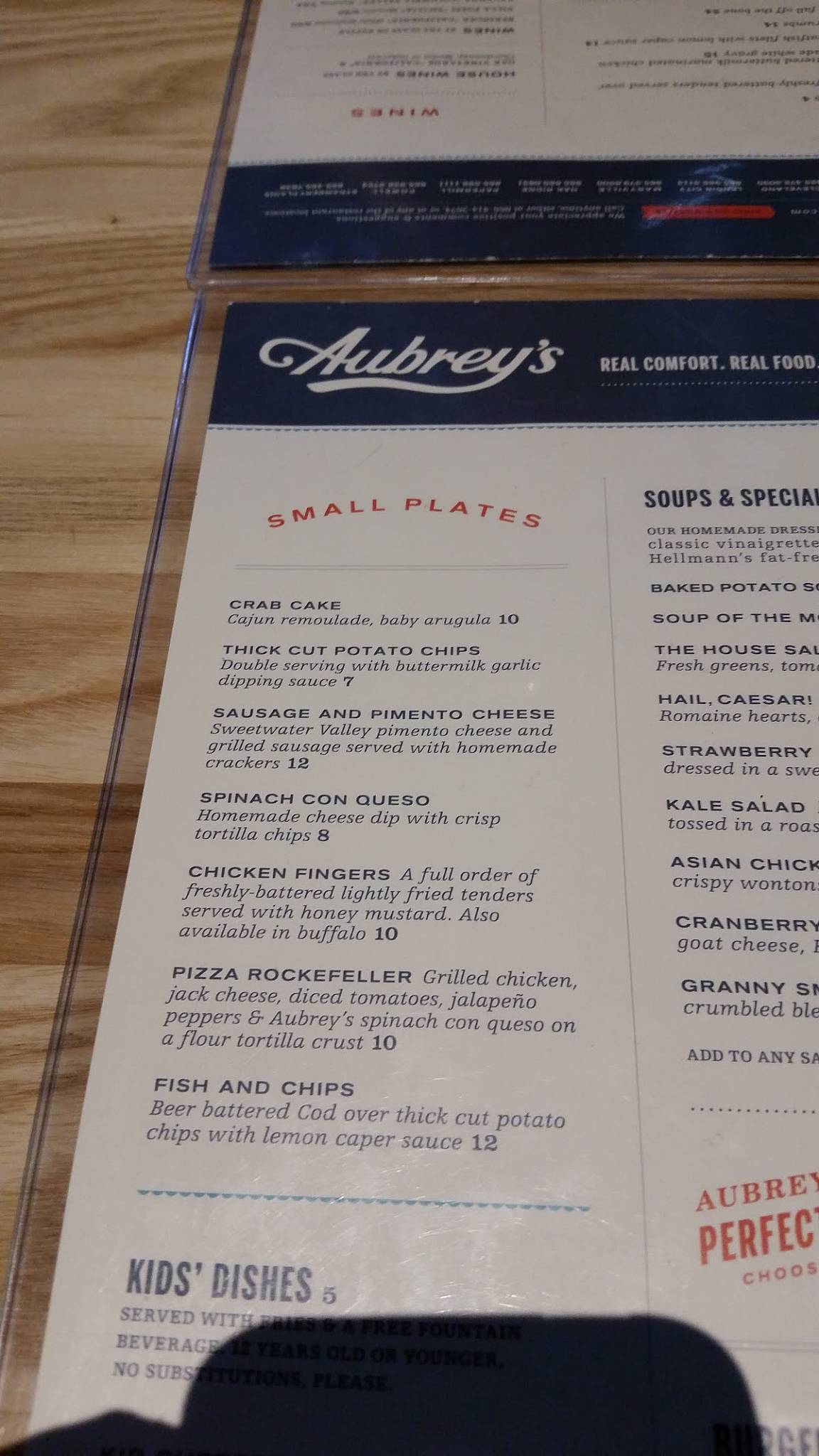 Menu at Aubrey's restaurant, Bristol