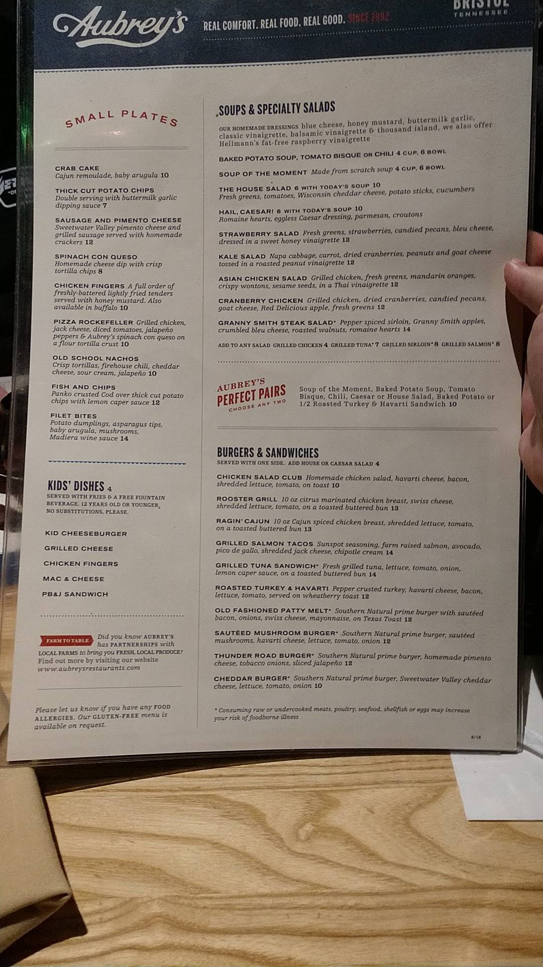Menu at Aubrey's restaurant, Bristol