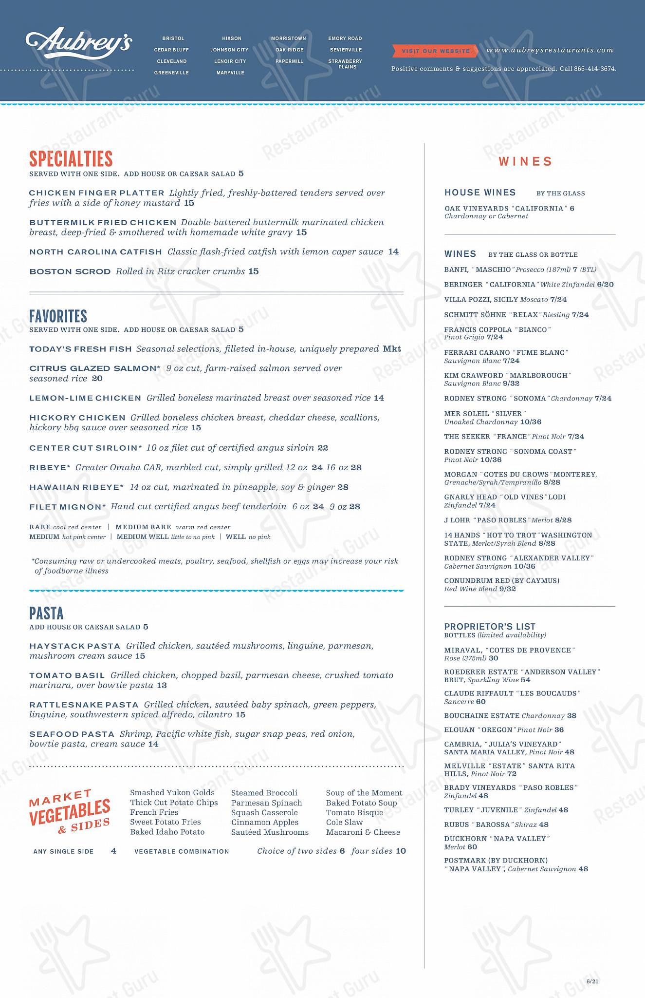 Menu at Aubrey's restaurant, Bristol