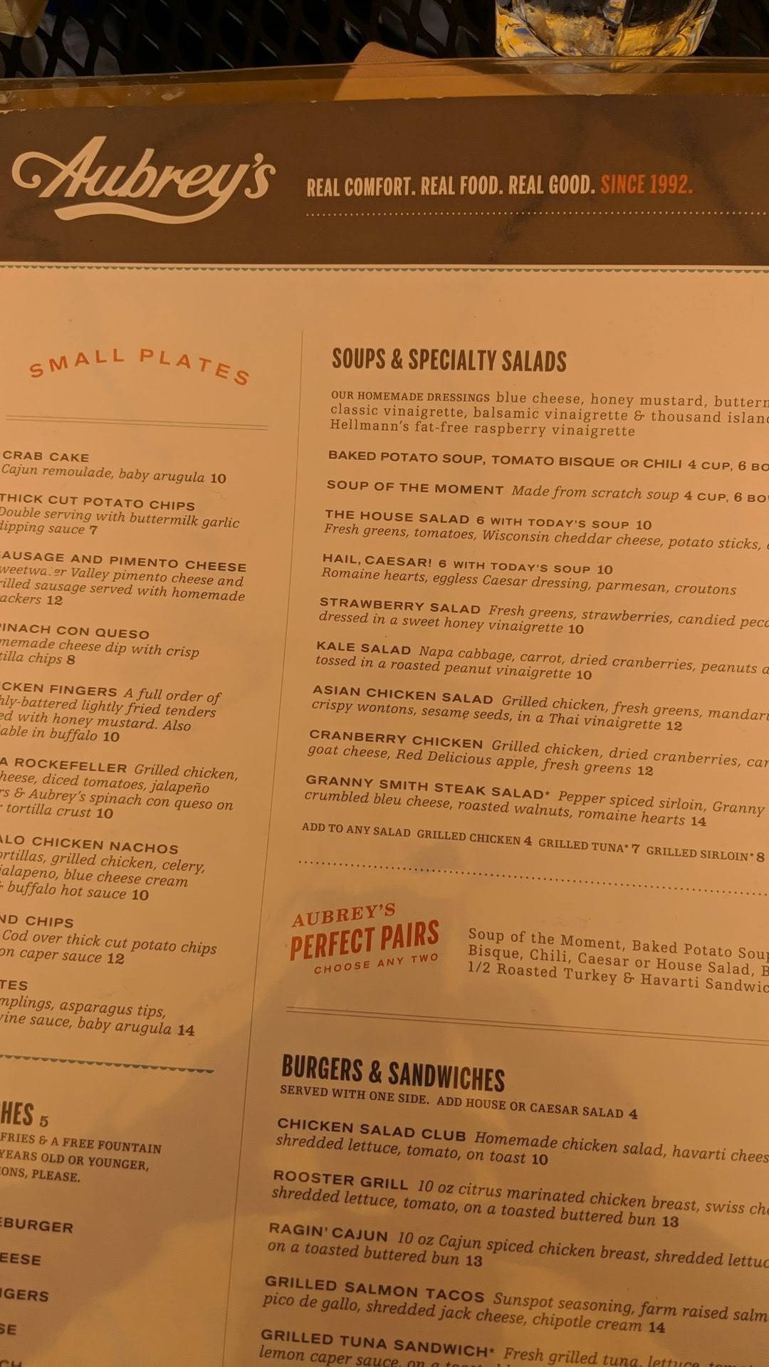 Menu at Aubrey's restaurant, Bristol