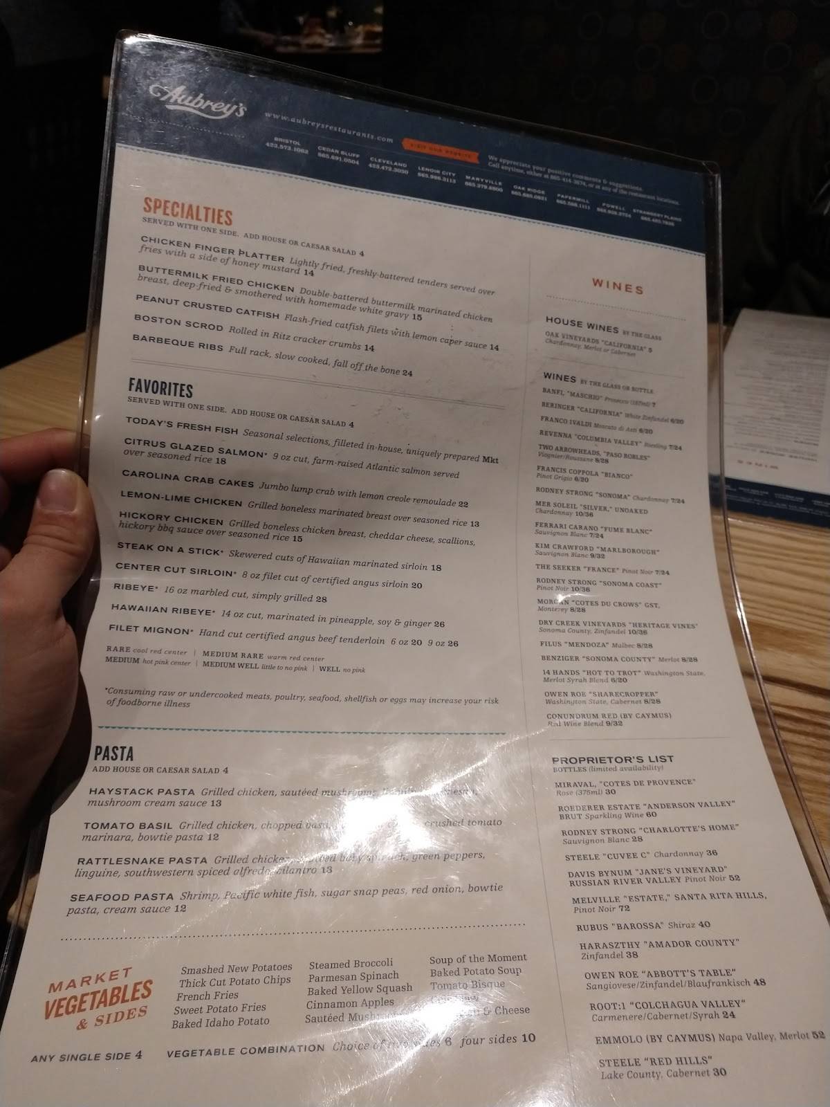 Menu at Aubrey's restaurant, Bristol