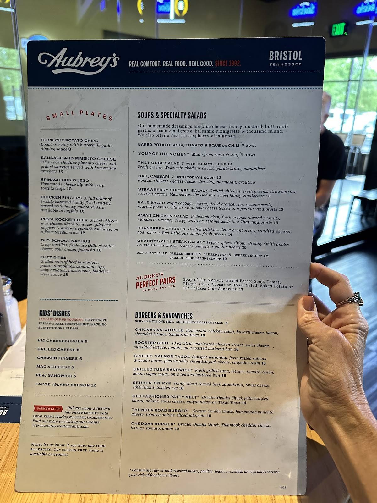 Menu at Aubrey's restaurant, Bristol