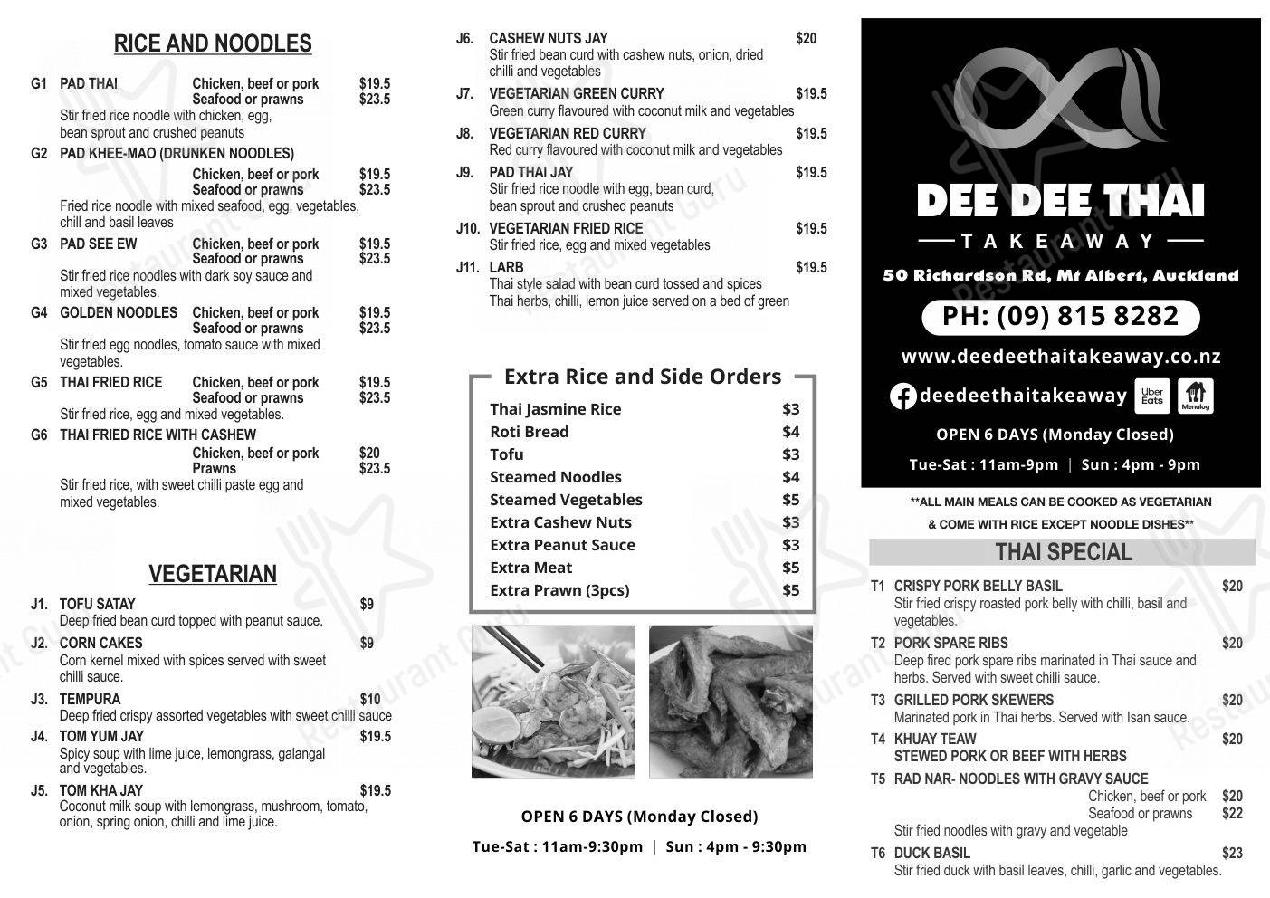 Menu at Dee Dee Thai Takeaway restaurant, Auckland