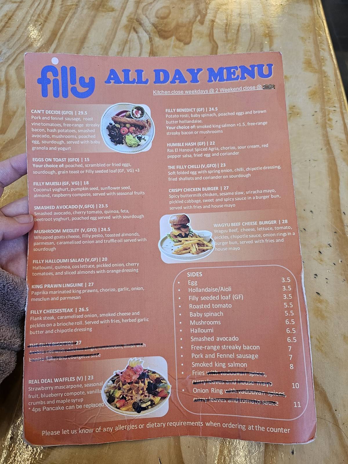 Menu at Filly cafe, Auckland