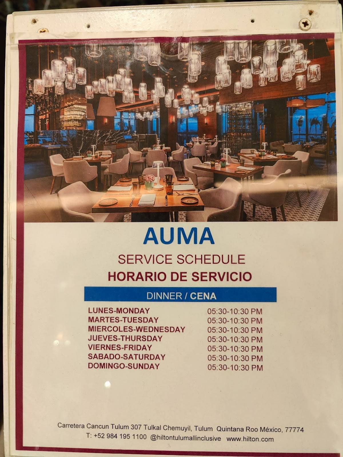 Menu at Auma steakhouse, Mexico