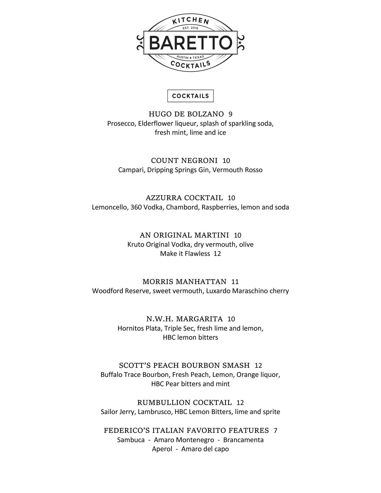 Menu at Baretto, Austin