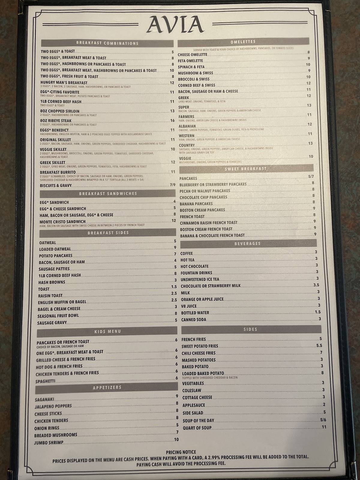 Menu at Avia Family Dining restaurant, Holly