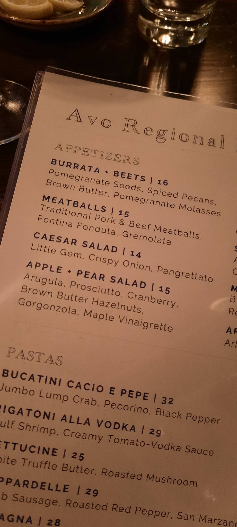 Menu at Avo restaurant, New Orleans