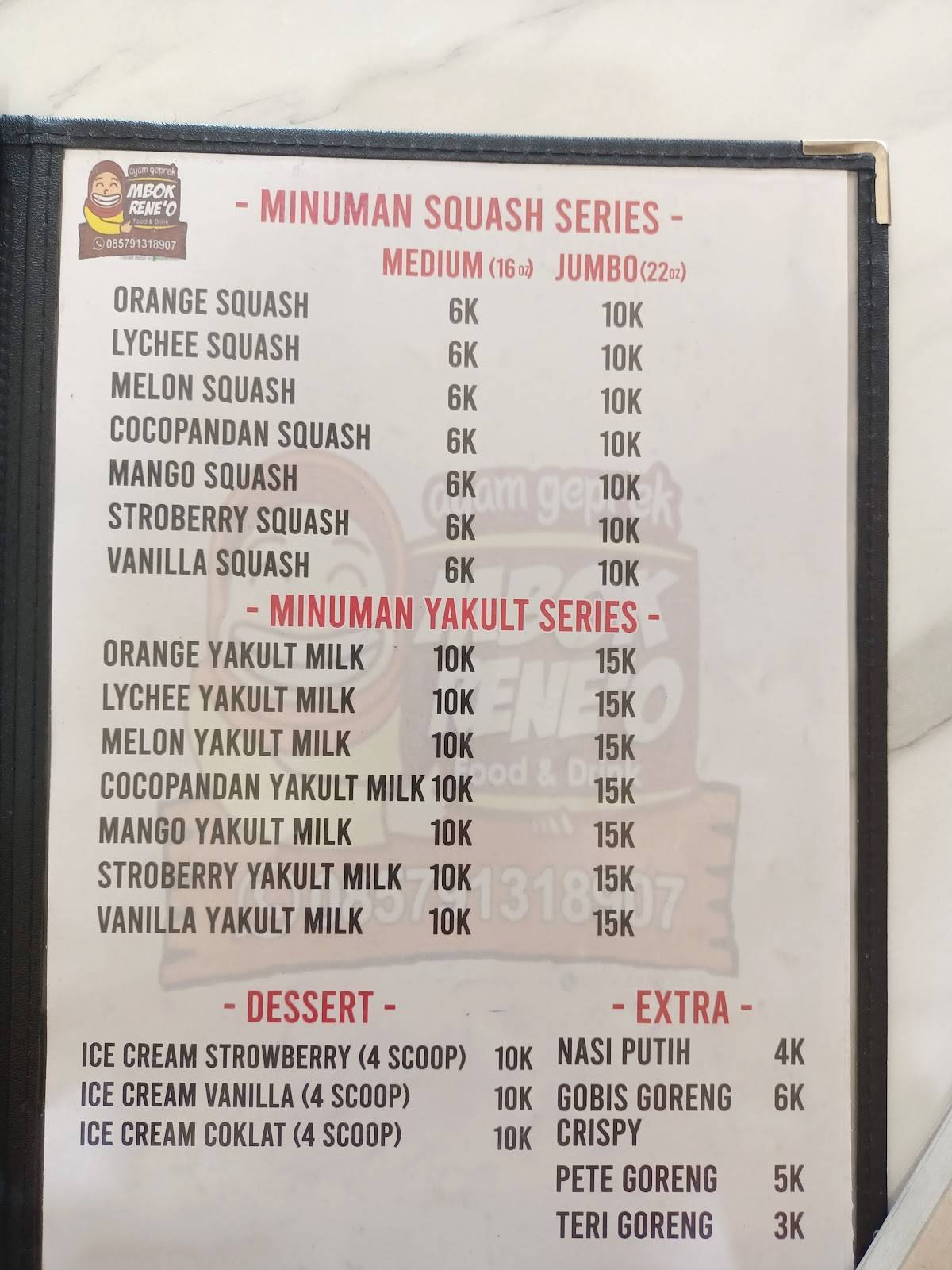 Carta del restaurante Ayam Geprek Mbok Rene'o, Blitar