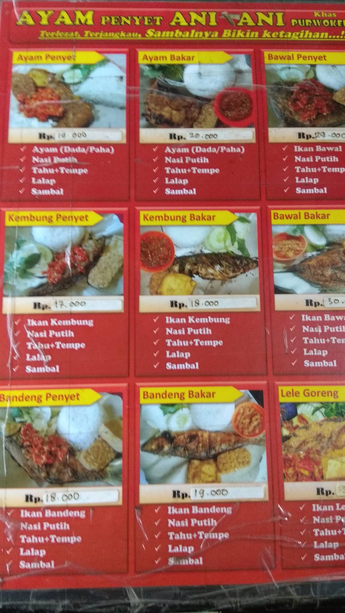 Carta del restaurante Ayam Penyet Ani-Ani Khas Purwokerto, West Jakarta