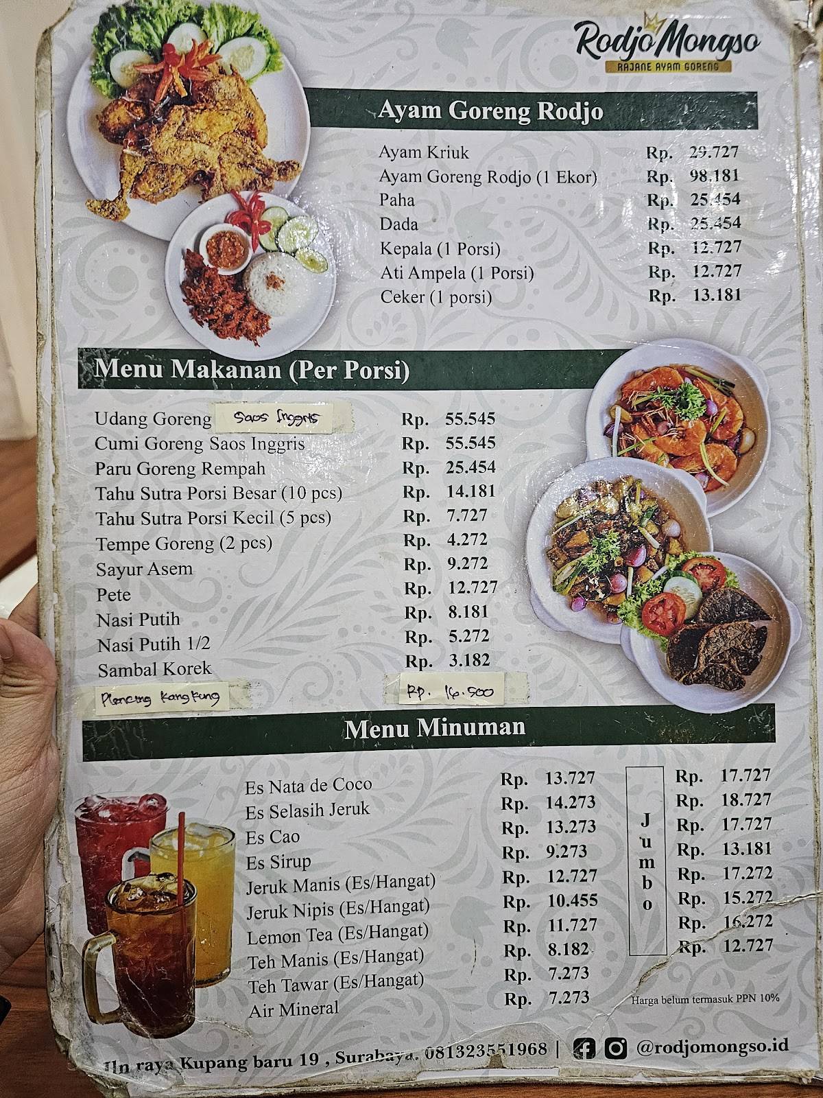 Menu at Ayam goreng Rodjo Mongso restaurant, Surabaya
