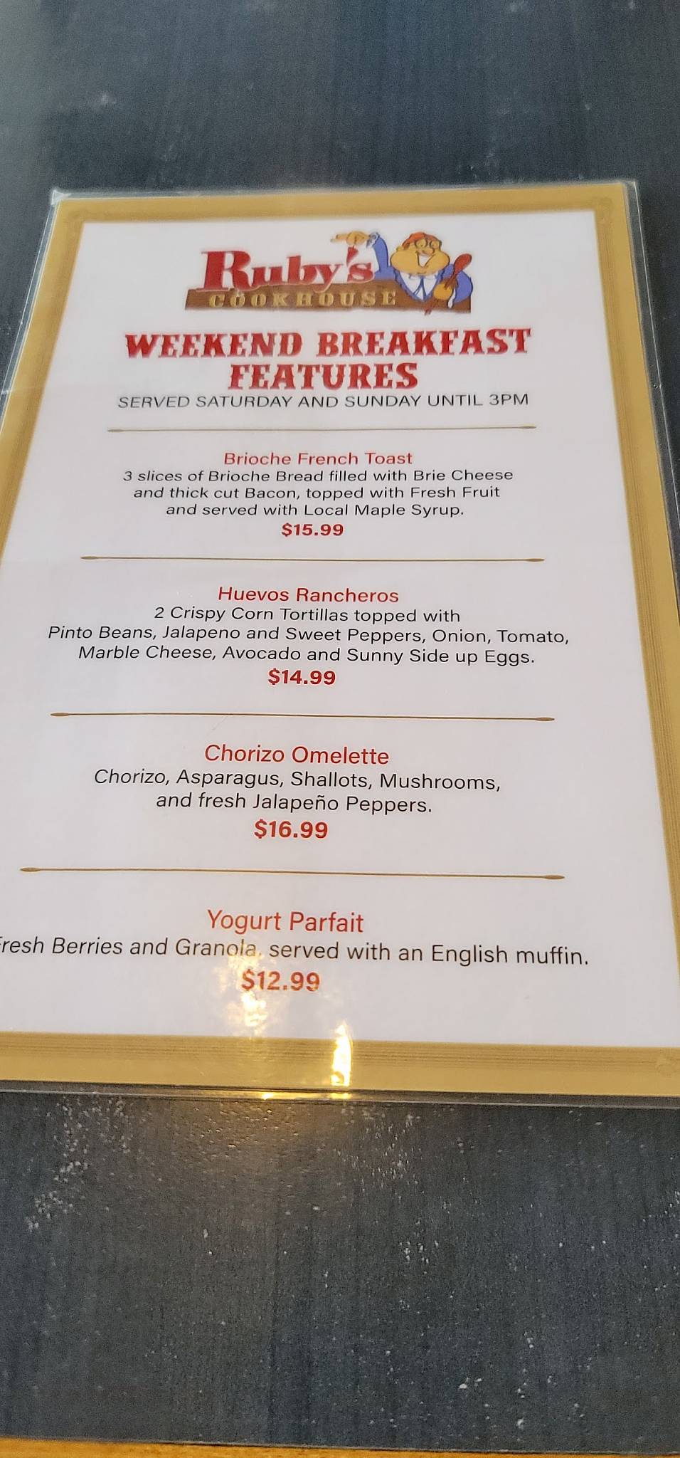 Menu at Ruby's Cookhouse restaurant, Aylmer