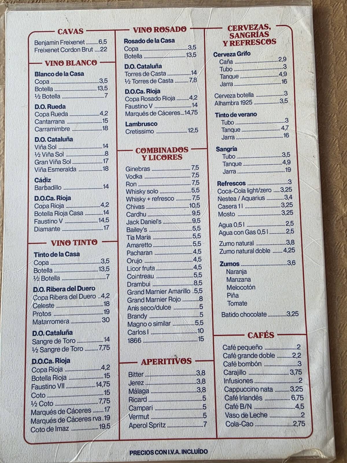 Carta de Restaurante Ayo, Nerja