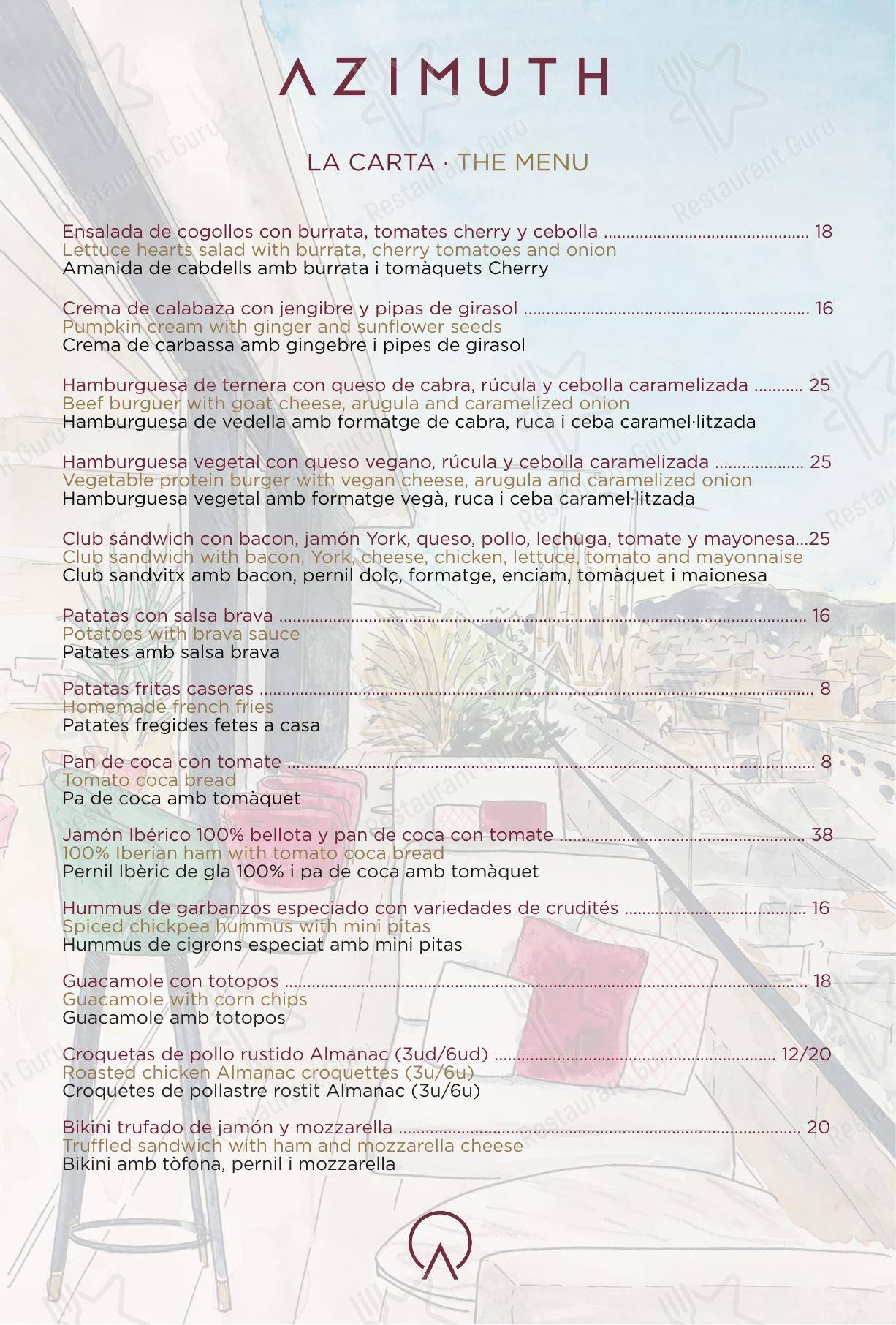 Menu at Azimuth Rooftop Bar, Barcelona