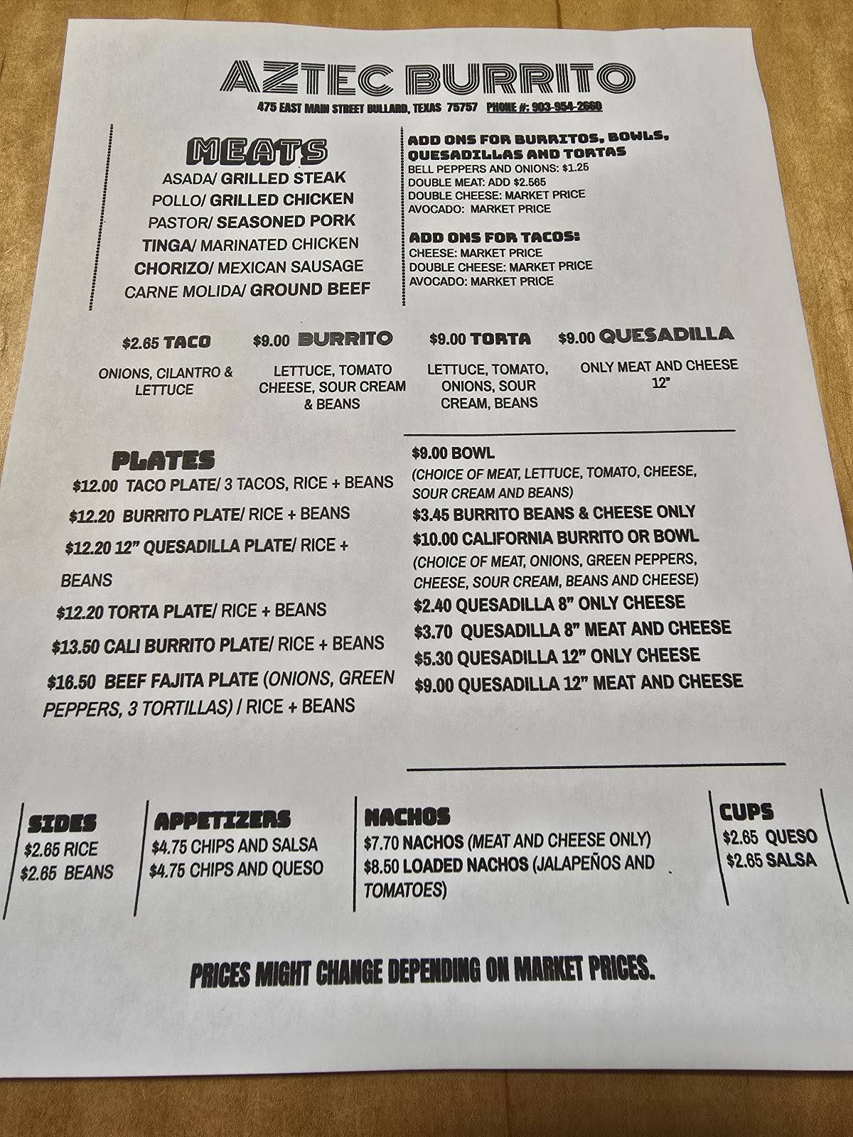 Carta del restaurante Aztec Burrito, Bullard