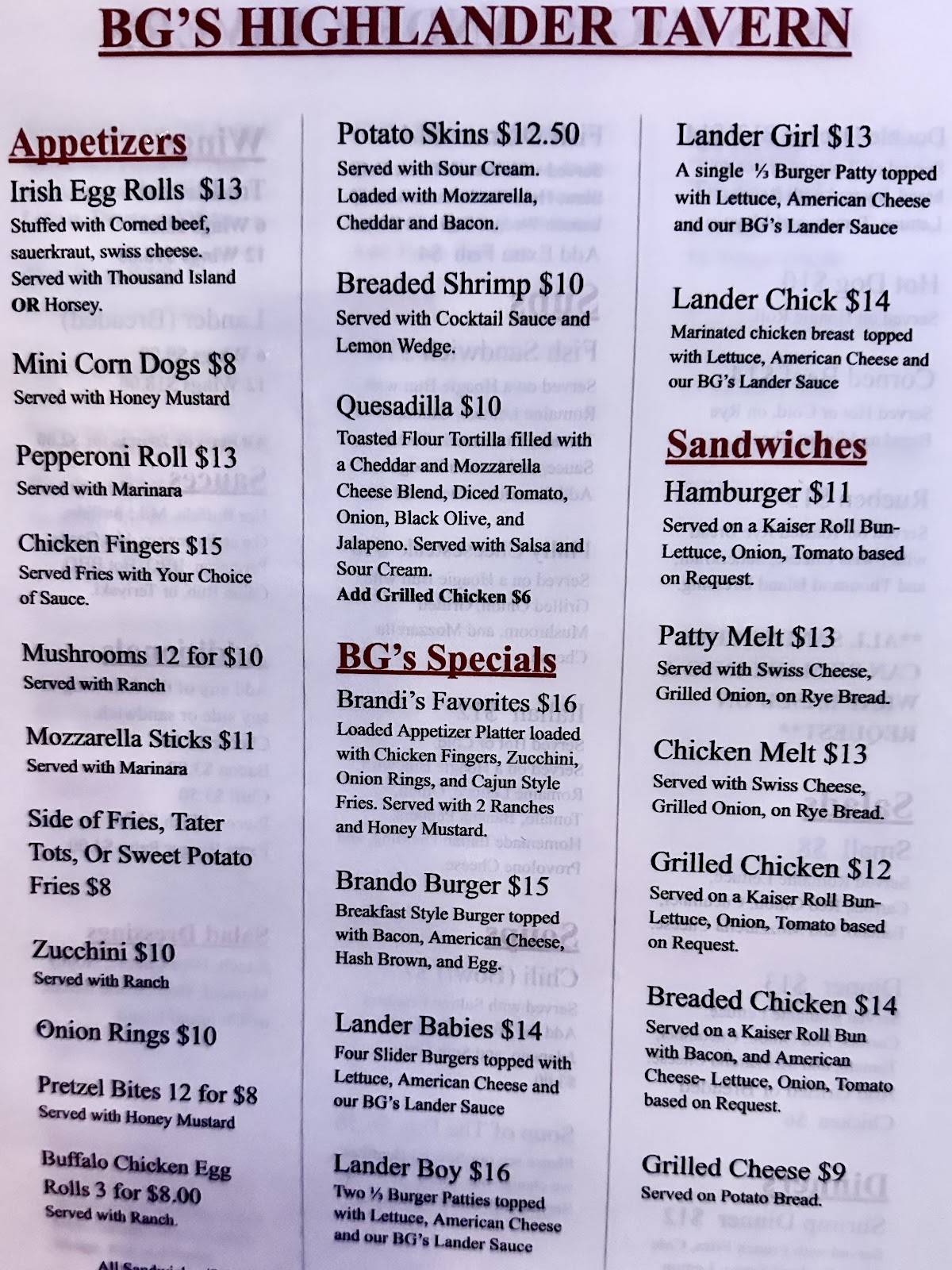 Menu at B G's Highlander Tavern pub & bar, Cleveland