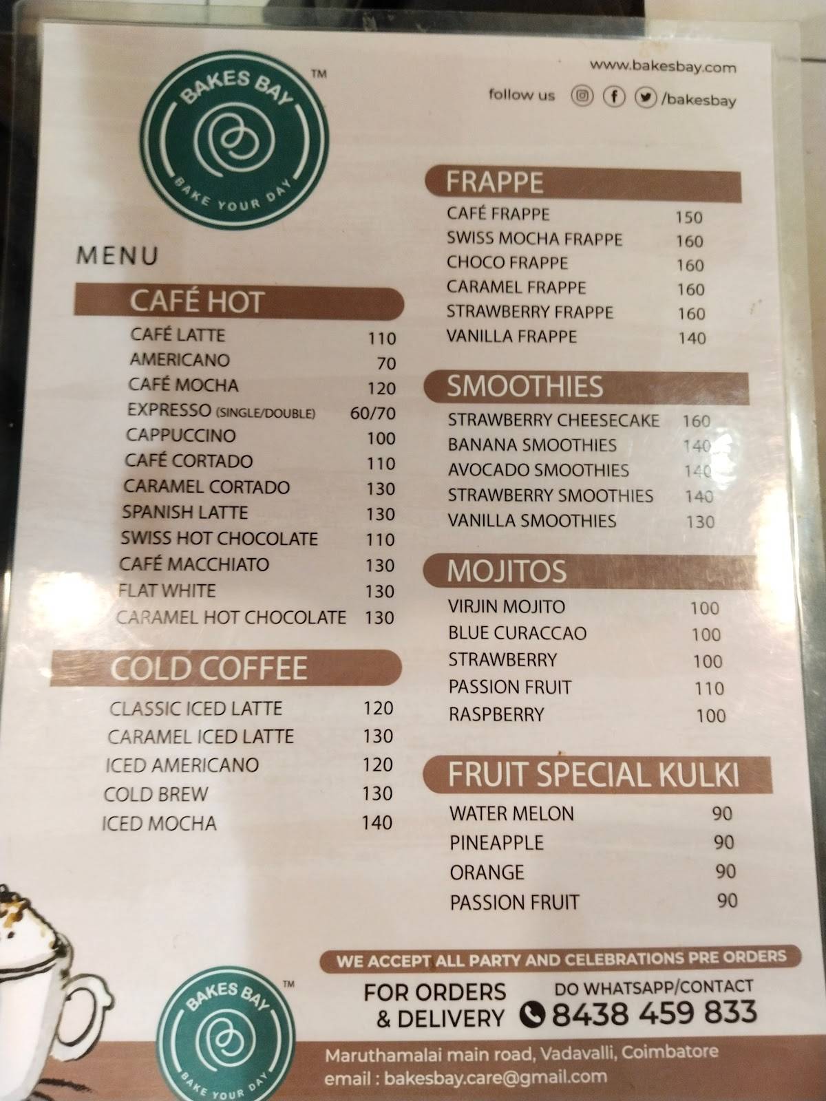 Menu at BAKES BAY, Coimbatore, Marudhamalai Rd