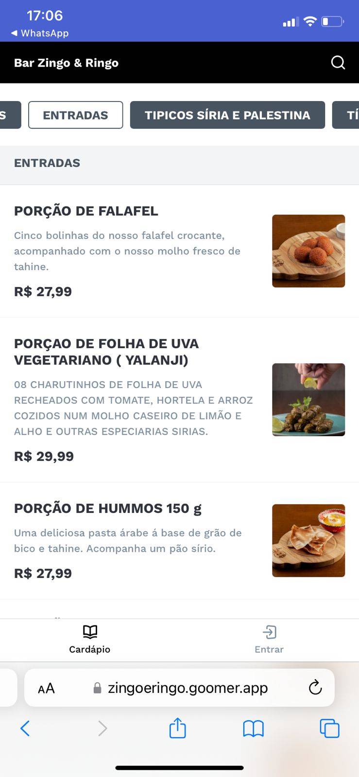 Menu em BAR ZINGO & RINGO, São Paulo