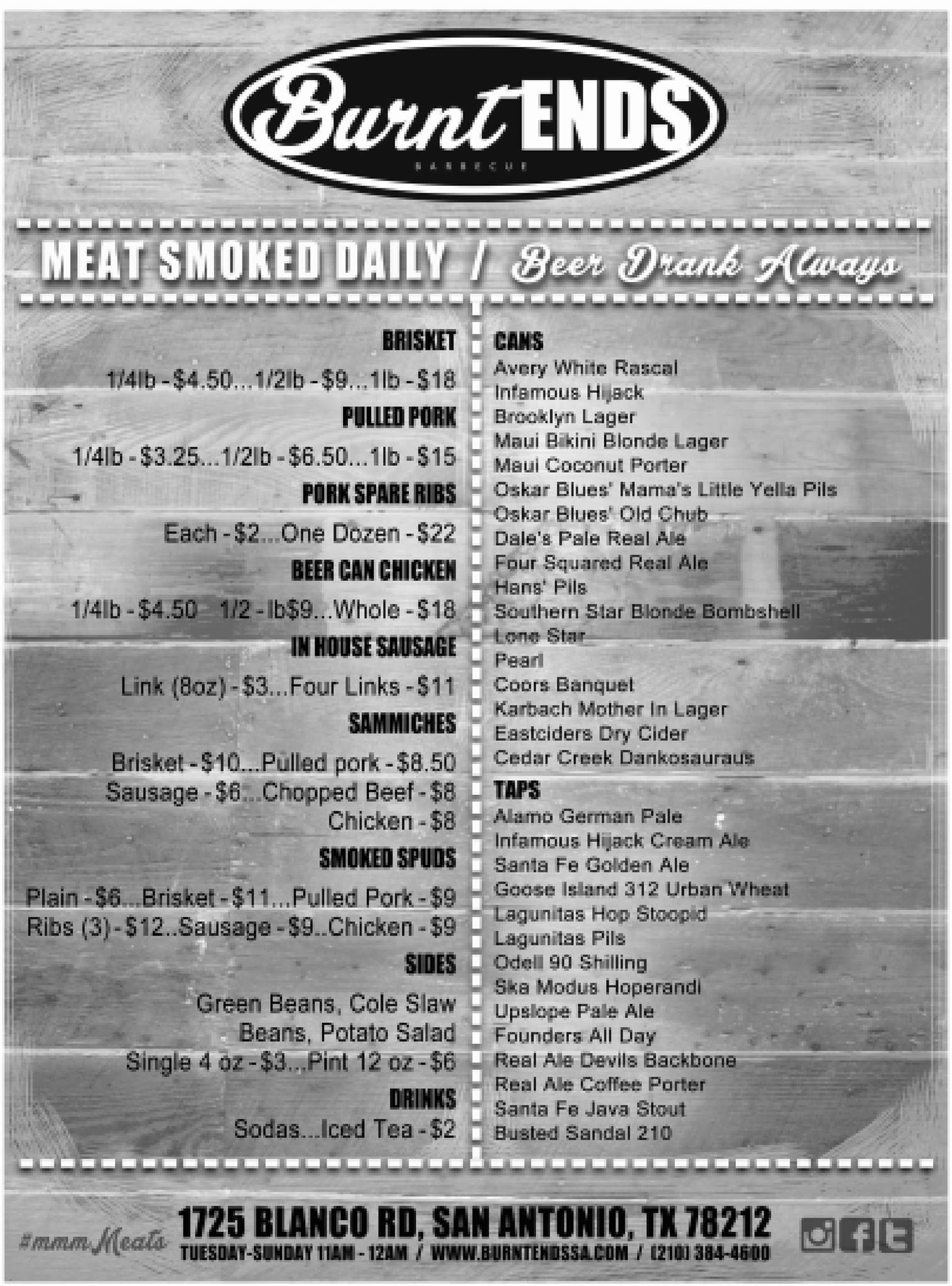 Menu at Burnt Ends BBQ, San Antonio