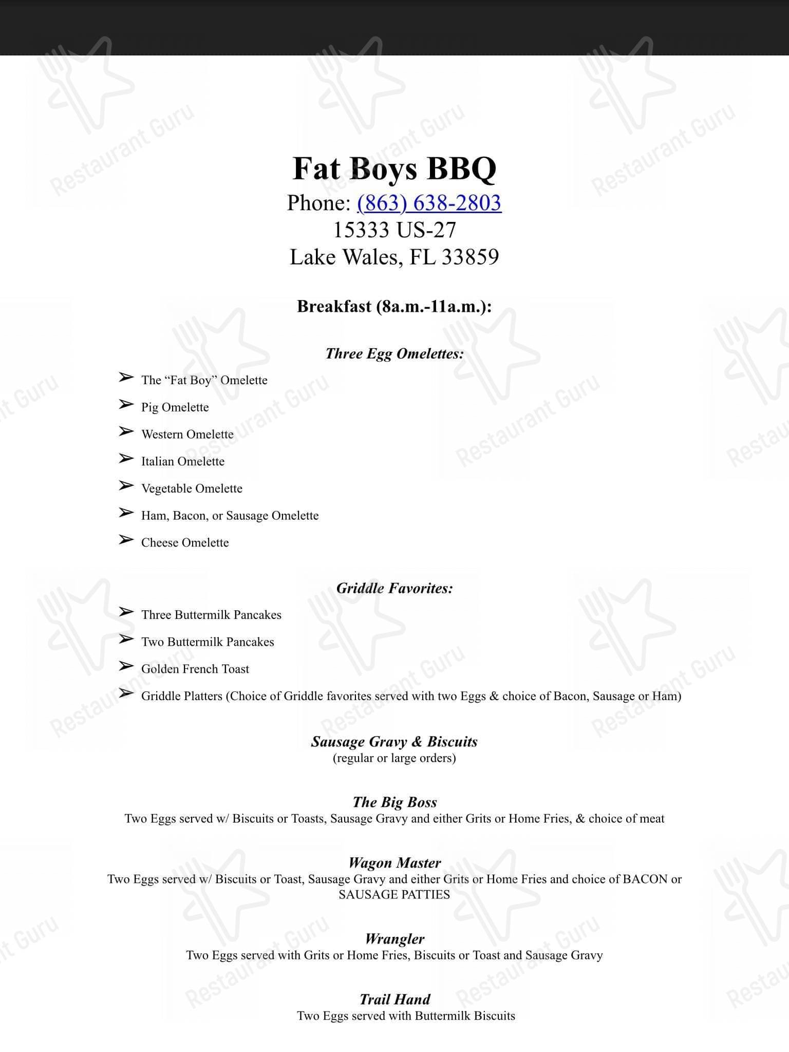 Menu at Fat Boys' Bar-B-Q, Lake Wales