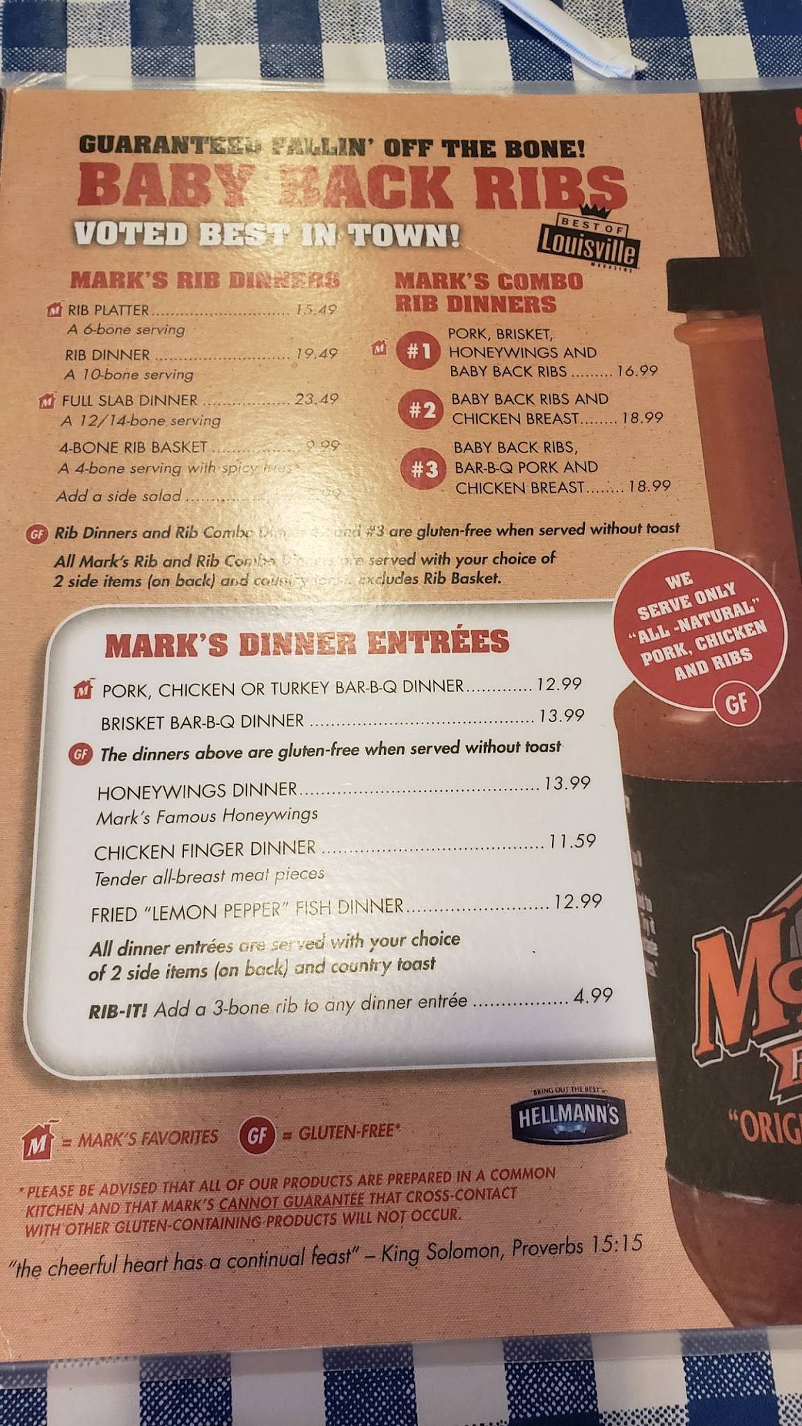 Menu at Mark's Feed Store BBQ, New Albany