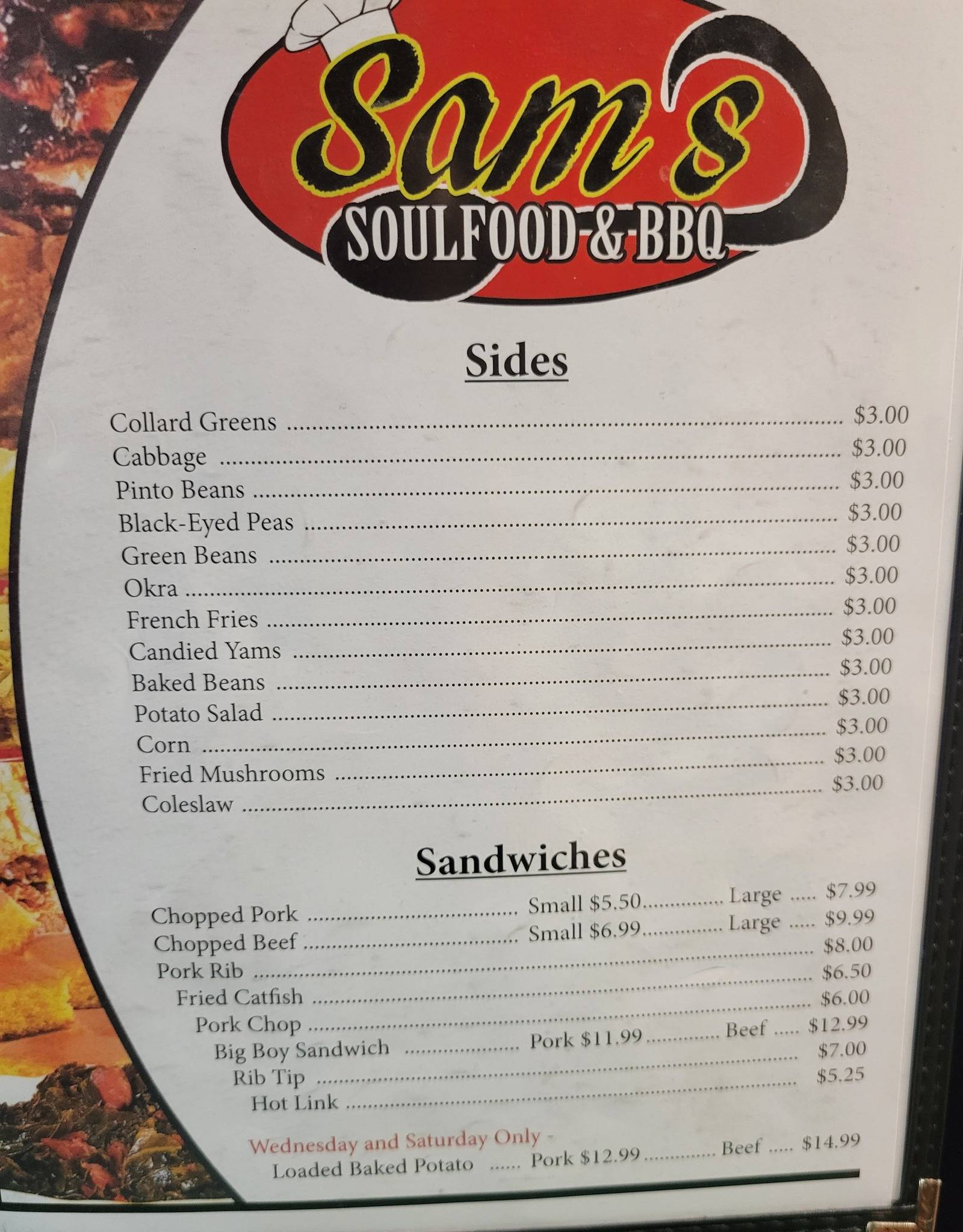 Menu at Sam's Soul Food & Barbeque, Lawton