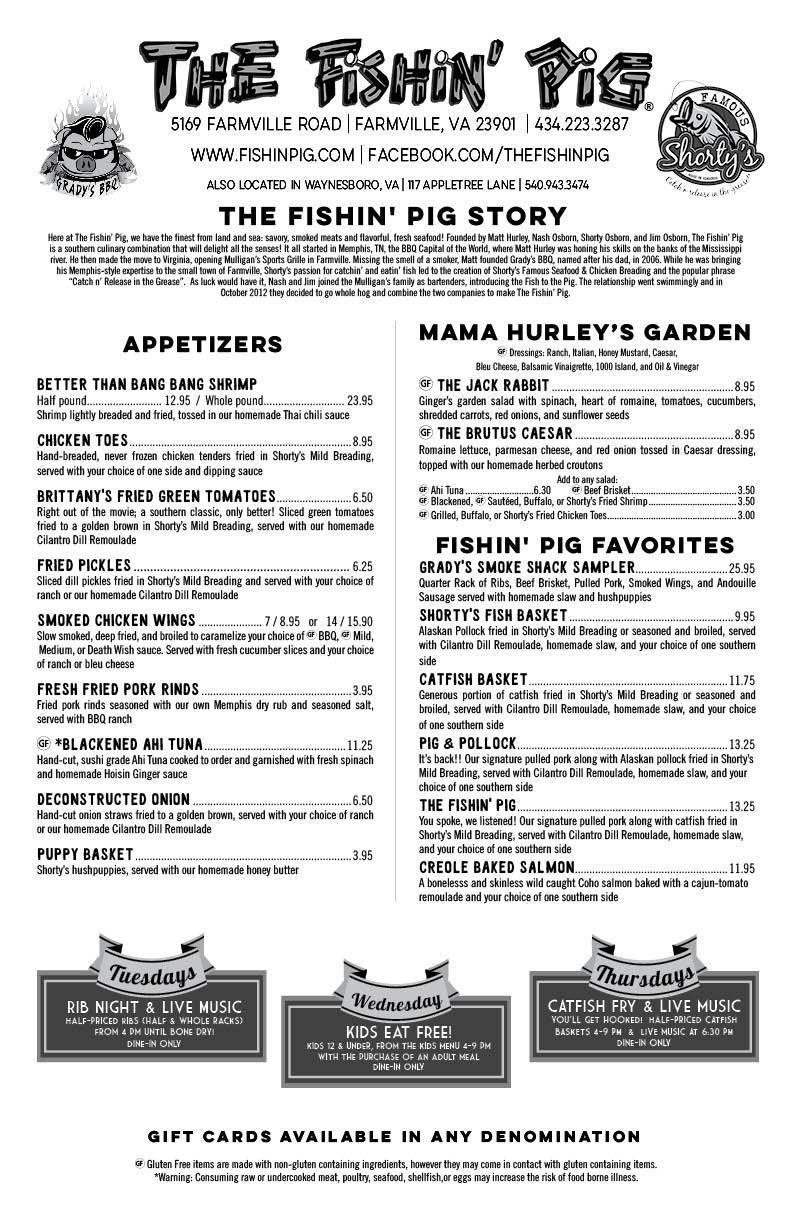 Menu at The Fishin' Pig BBQ, Farmville, Farmville Rd
