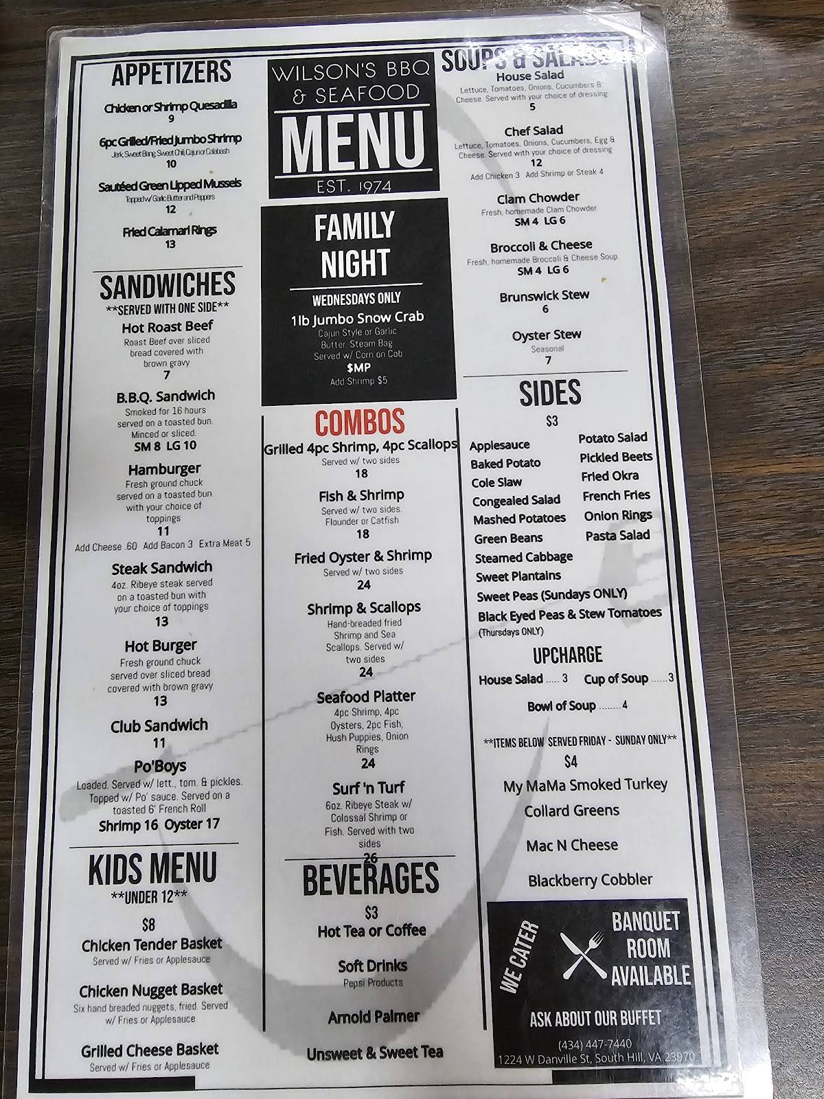 Menu at Wilson's BBQ & SeaFood, South Hill