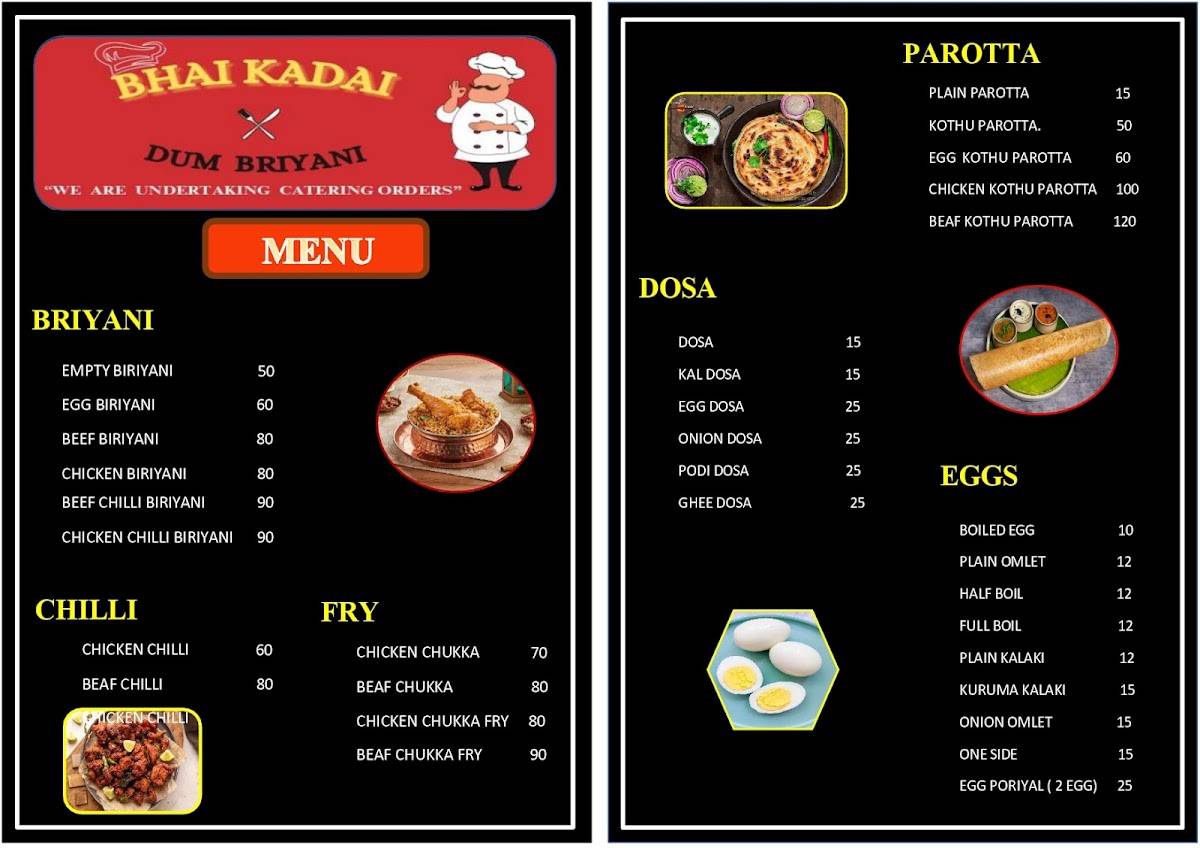 Menu at BHAI KADAI DUM BIRYANI, Othakalmandapam