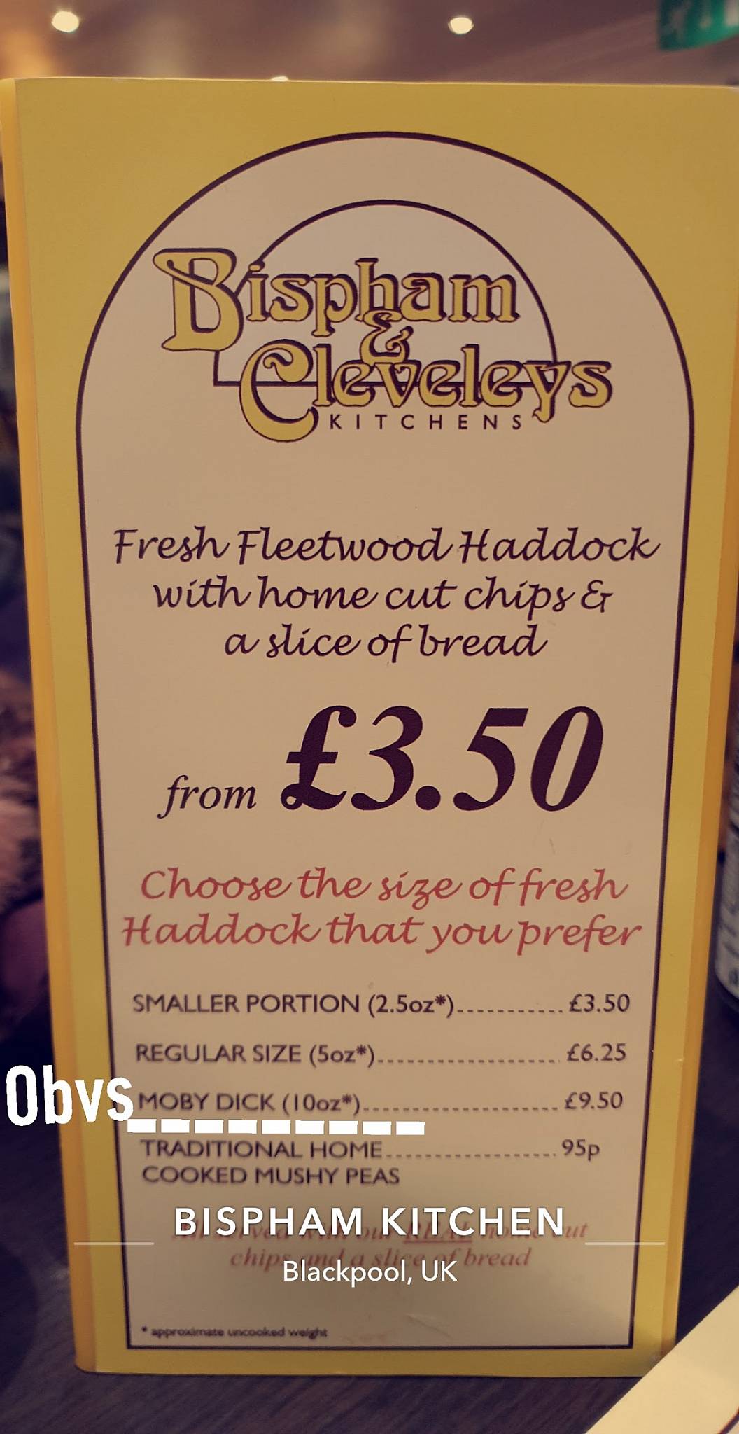 Menu at BISPHAM KITCHEN restaurant, Blackpool