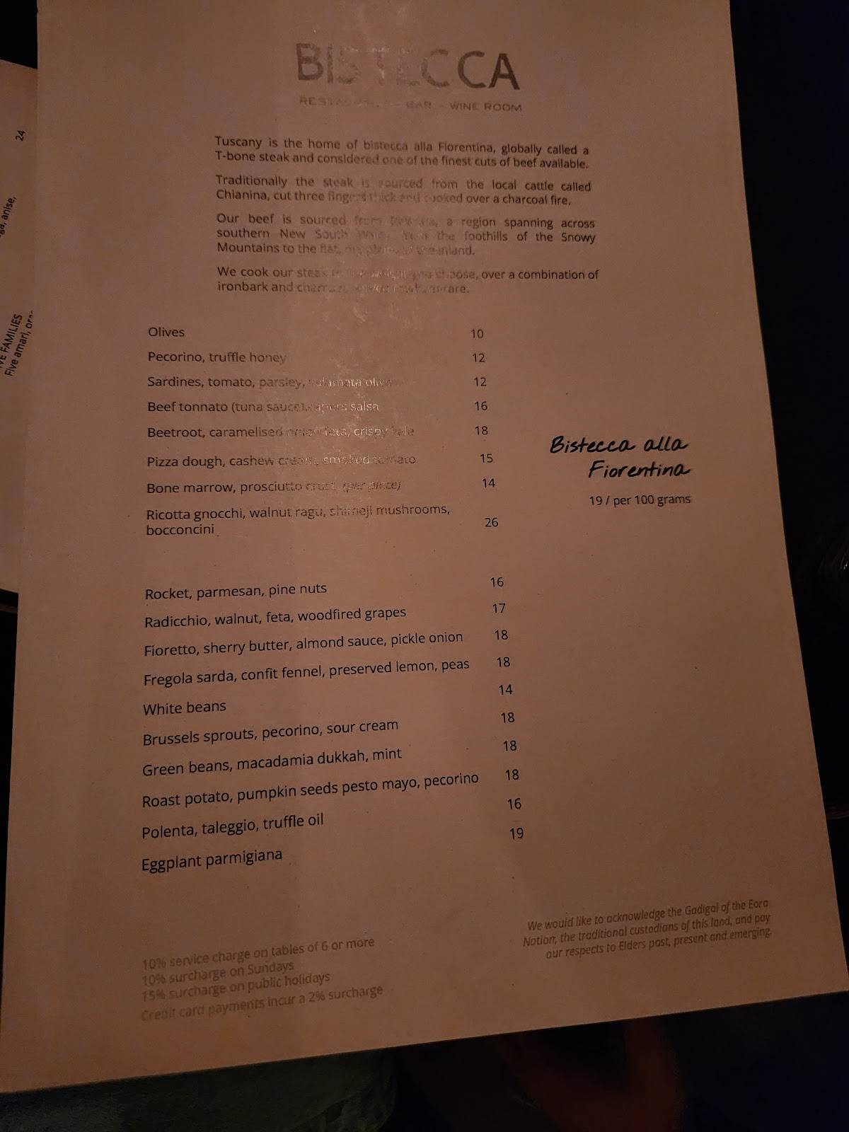 Menu at BISTECCA pub & bar, Sydney
