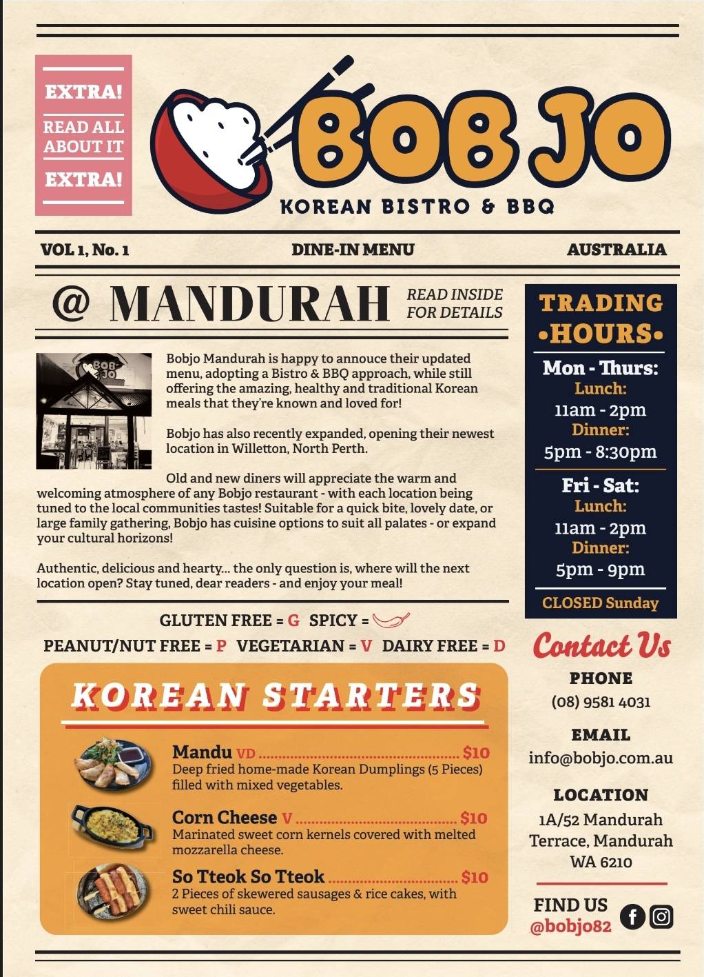 Menu at BOB JO restaurant, Mandurah