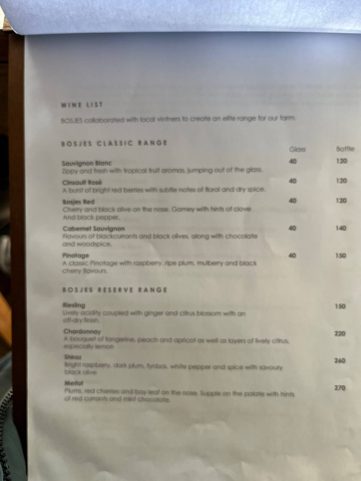 Menu at BOSJES restaurant, South Africa