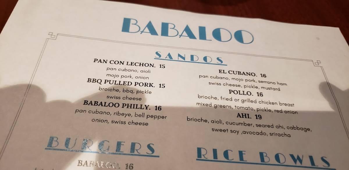 Menu at BaBaLoo Lounge pub & bar, Palm Desert