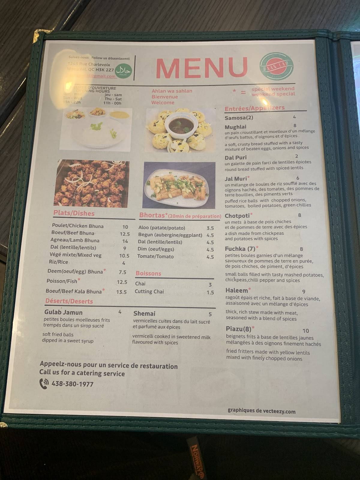 Menu at Baan Lao restaurant, Montréal