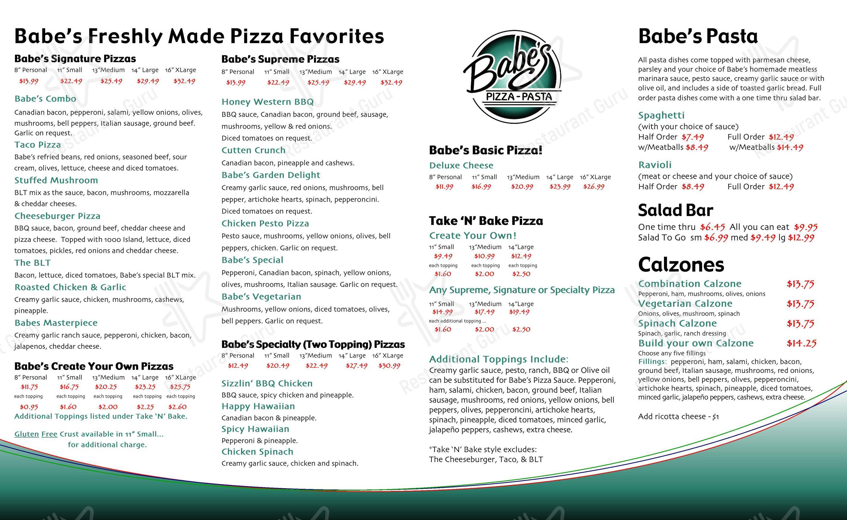 Menu at Babe's Pizza & Pasta pizzeria, Eureka