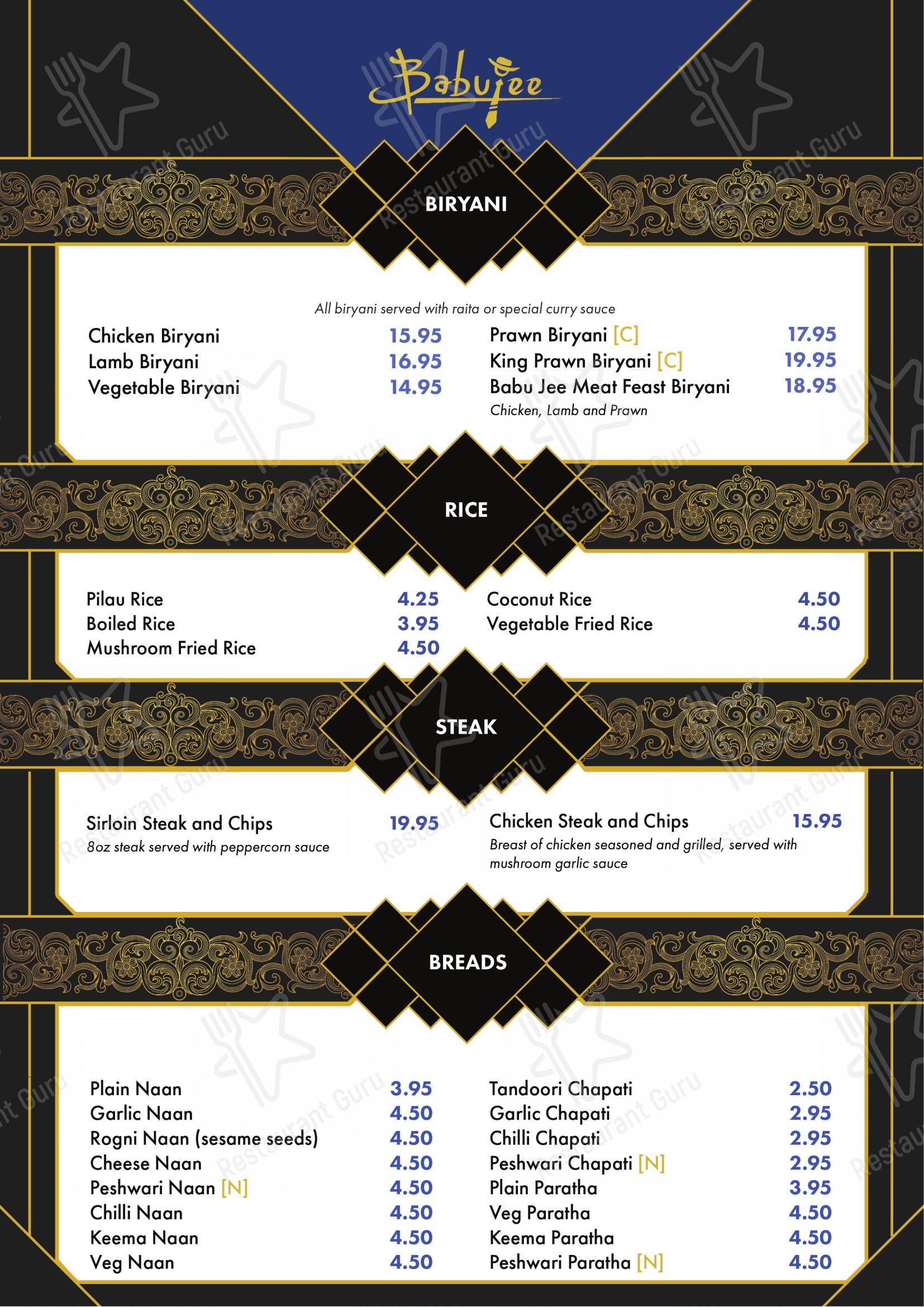 Menu at Babujee Tawa & Balti Restaurant, Dundee