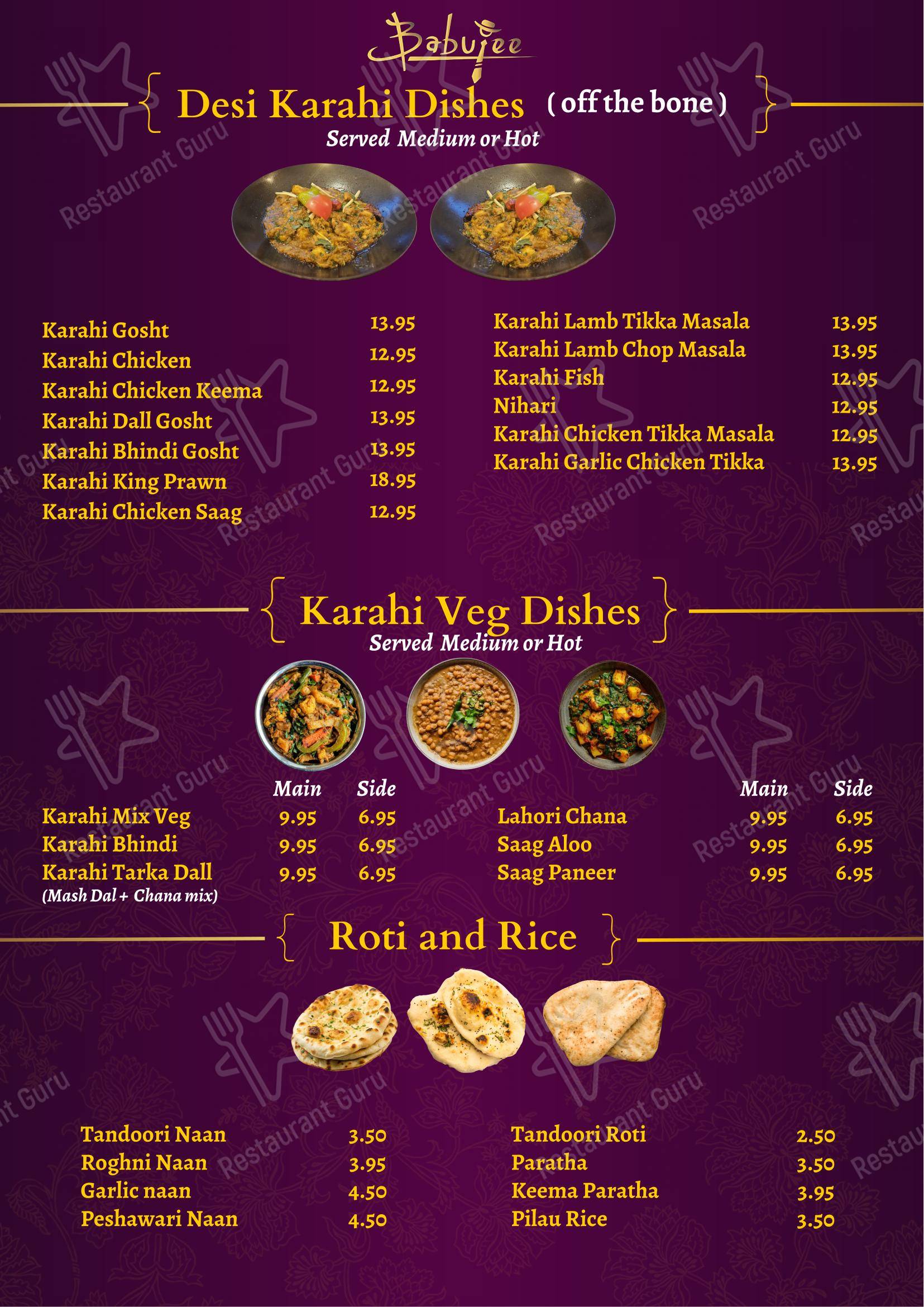 Menu at Babujee Tawa & Balti Restaurant, Dundee
