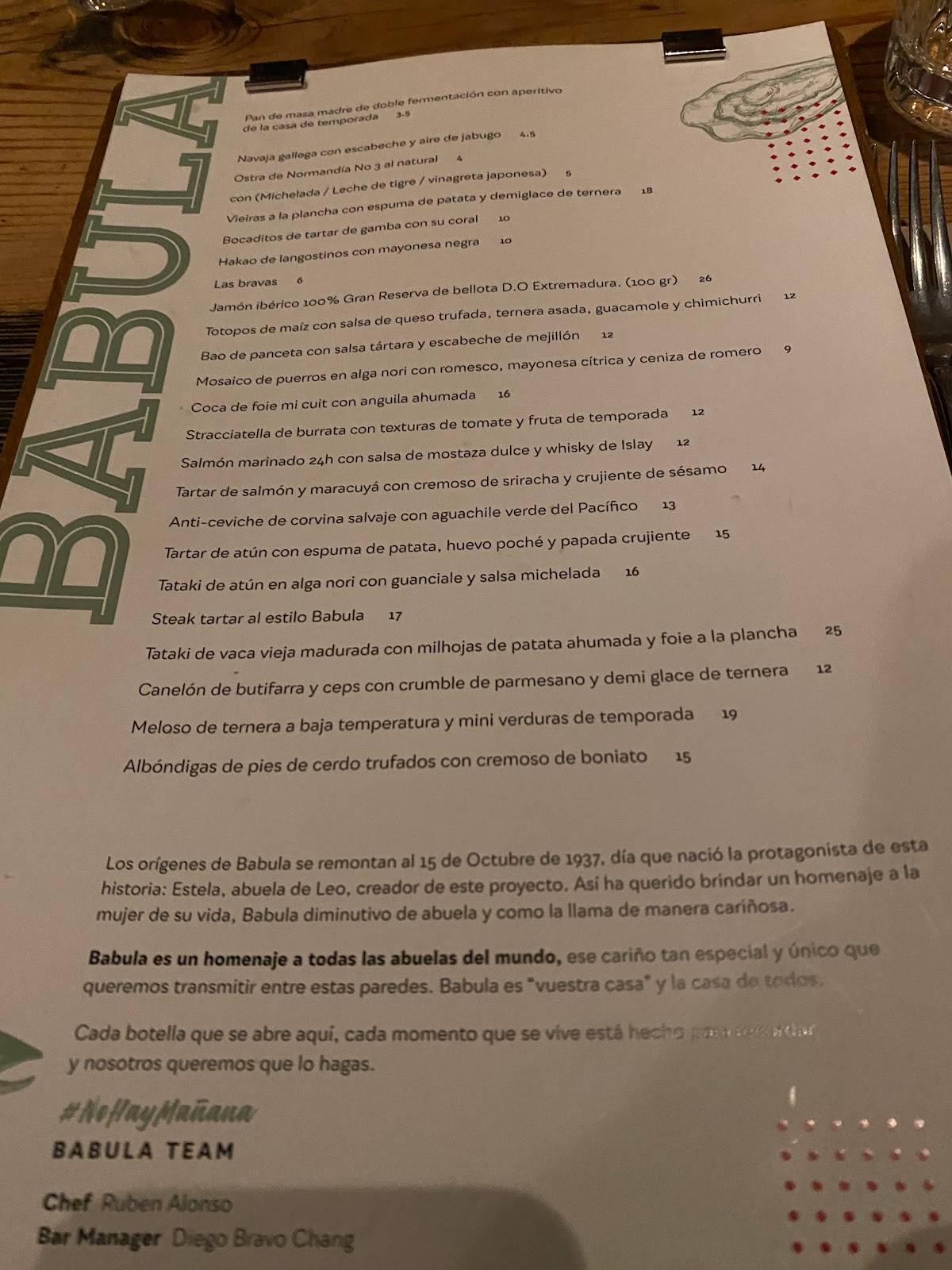 Menu at Babula Bar 1937, Barcelona