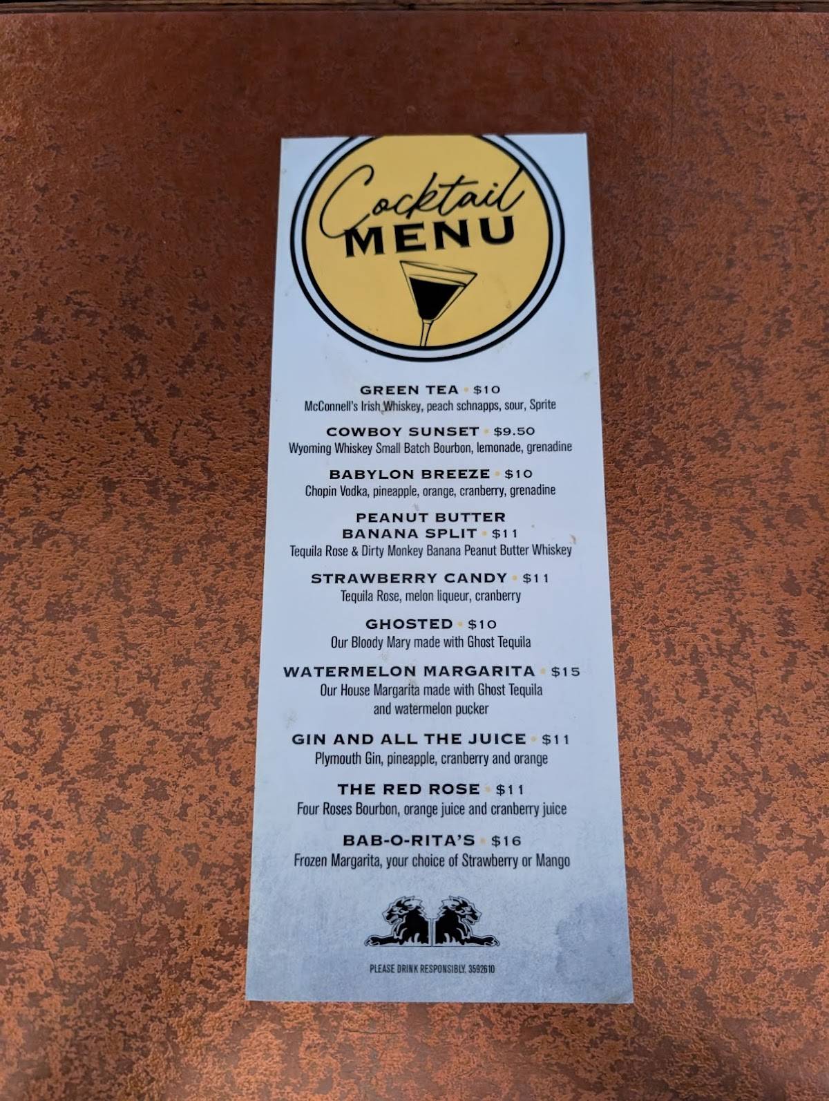 Menu at Babylon Restaurant and Bar, Homestead