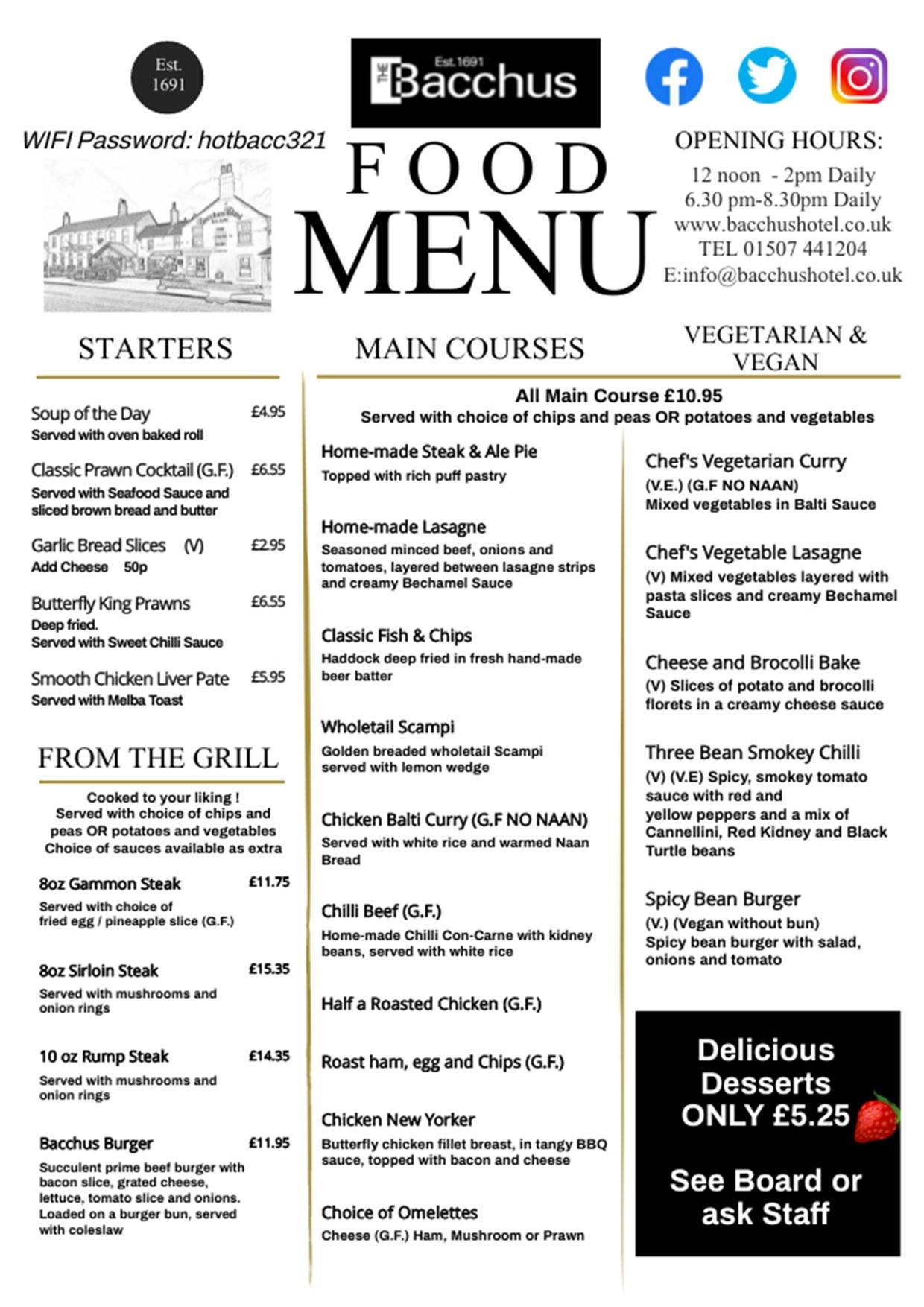 Menu at Bacchus Hotel Sutton on Sea pub & bar, Mablethorpe