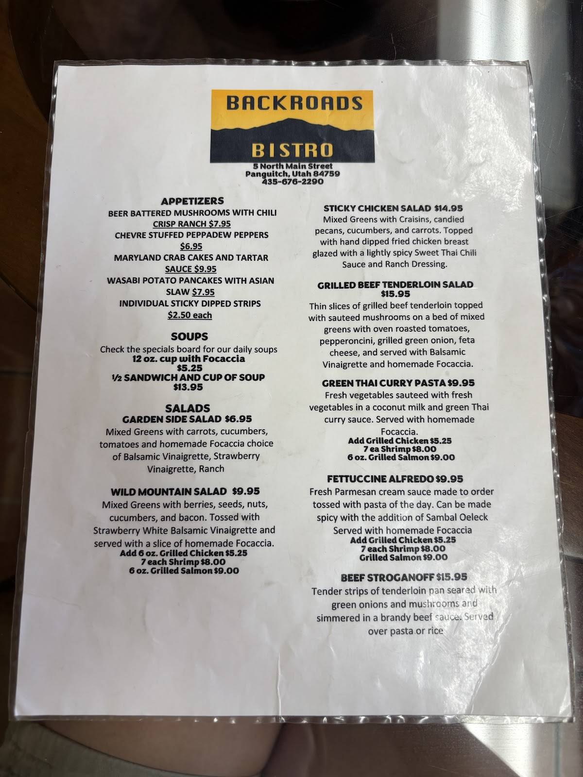 Menu at Backroads Bistro restaurant, Panguitch