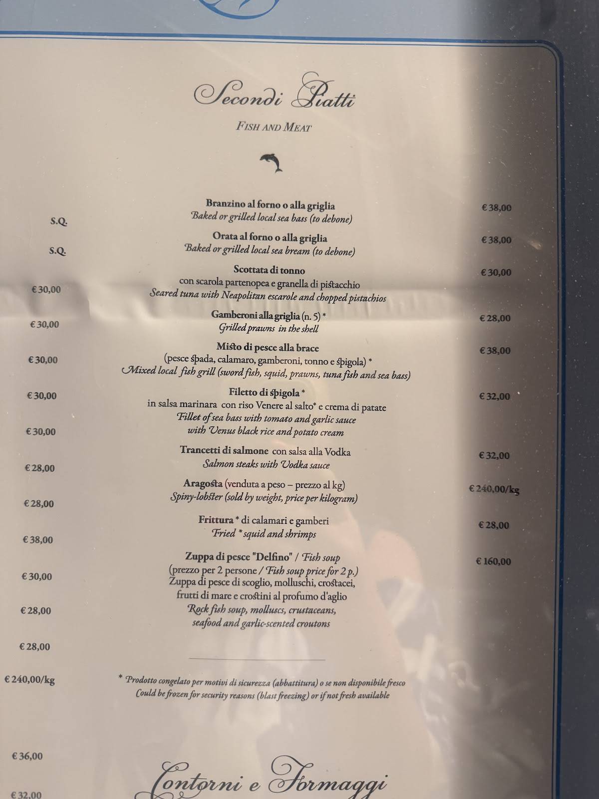 Menu at Bagni Delfino restaurant, Sorrento