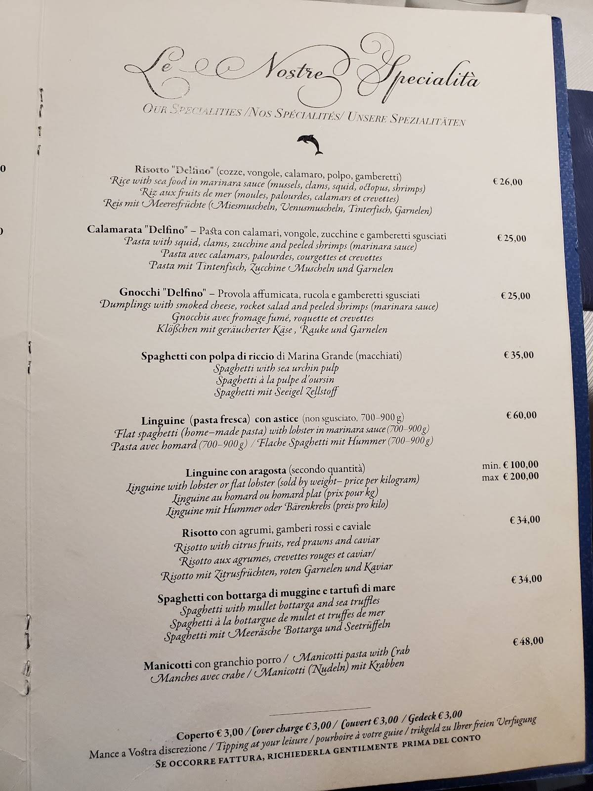 Menu at Bagni Delfino restaurant, Sorrento