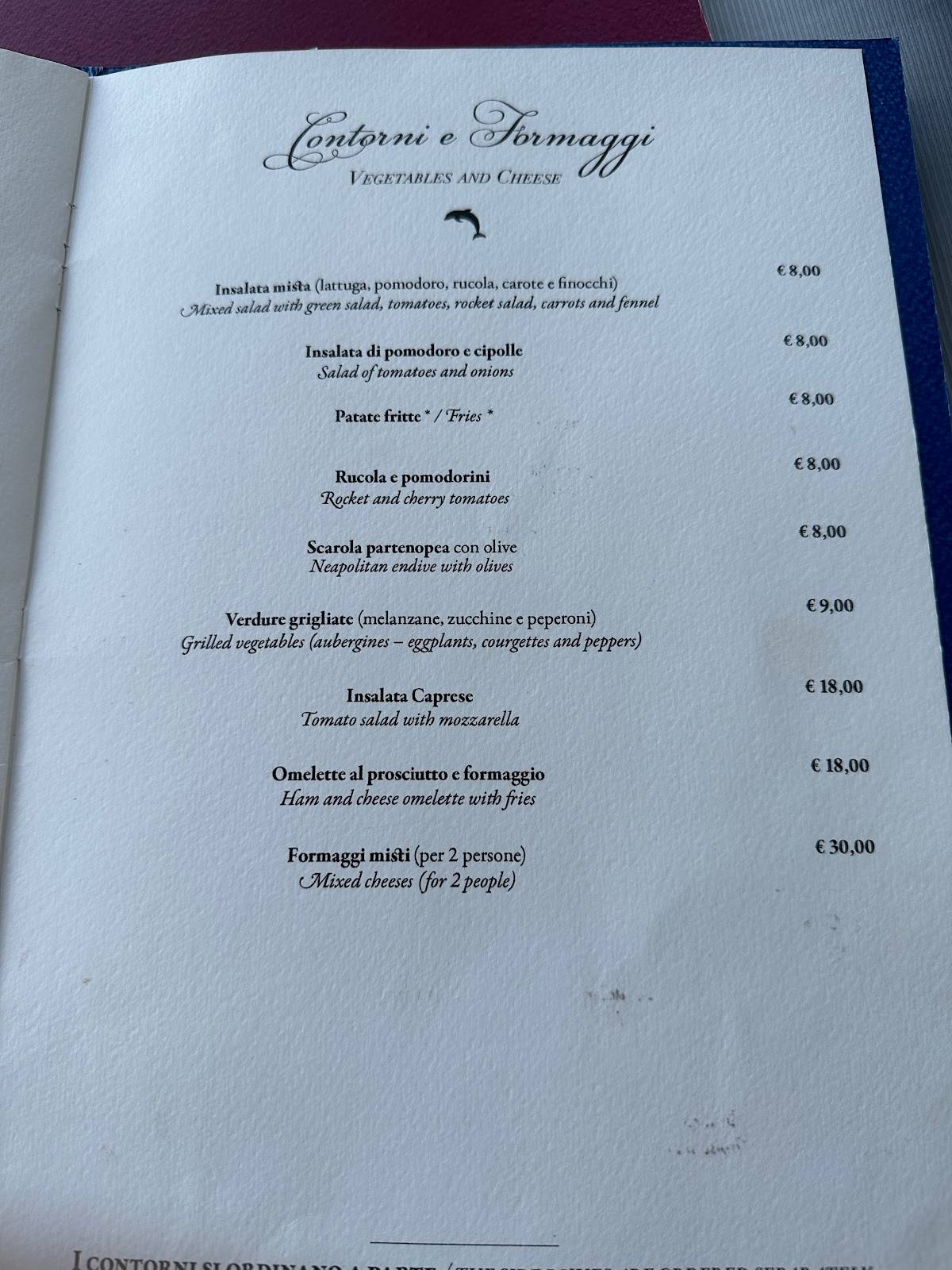 Menu at Bagni Delfino restaurant, Sorrento