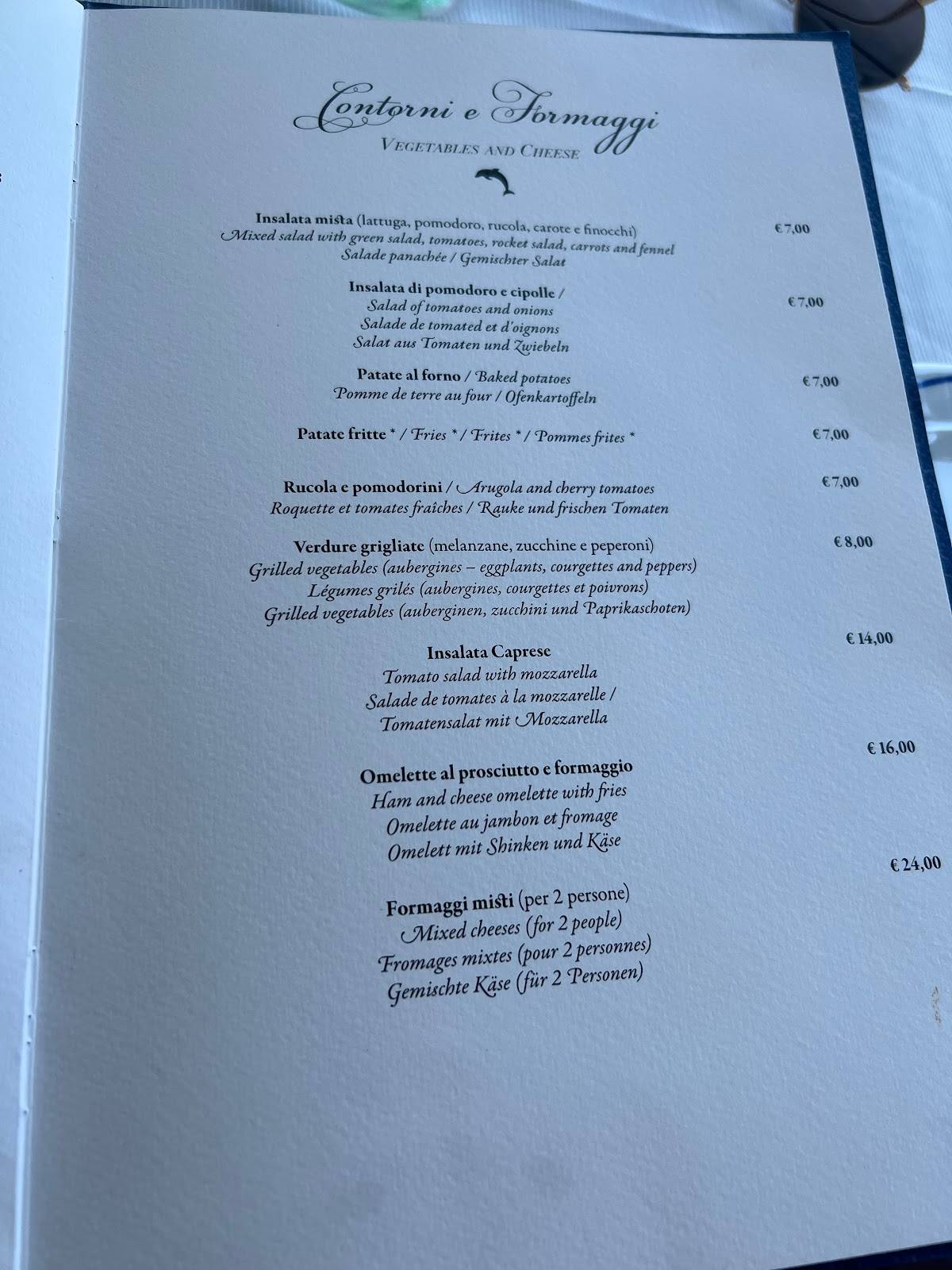 Menu at Bagni Delfino restaurant, Sorrento