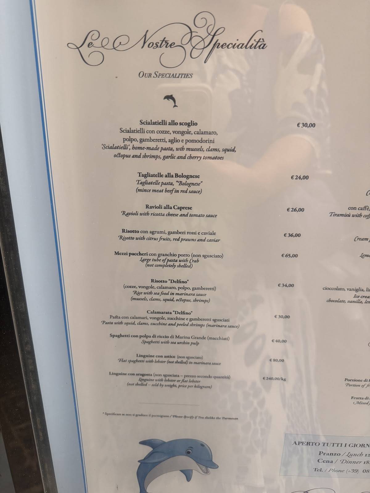 Menu at Bagni Delfino restaurant, Sorrento