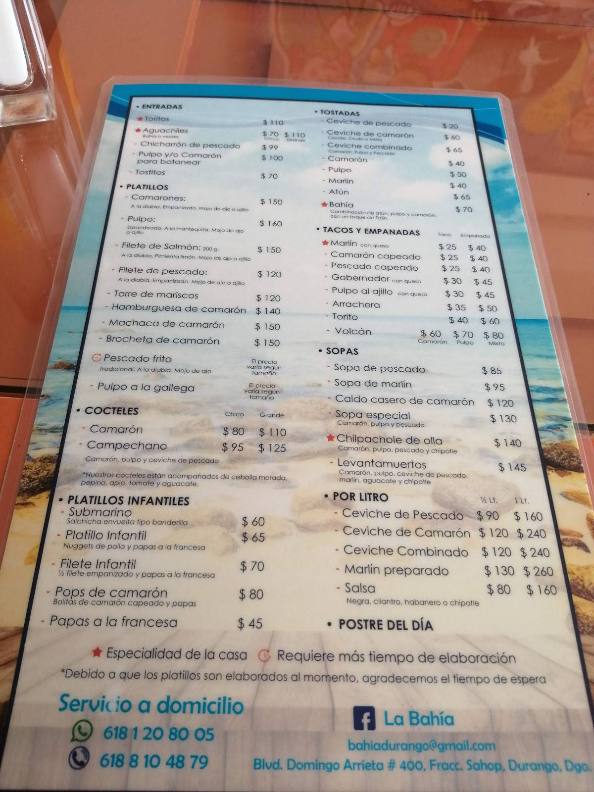 Carta del restaurante La Bahía, Durango