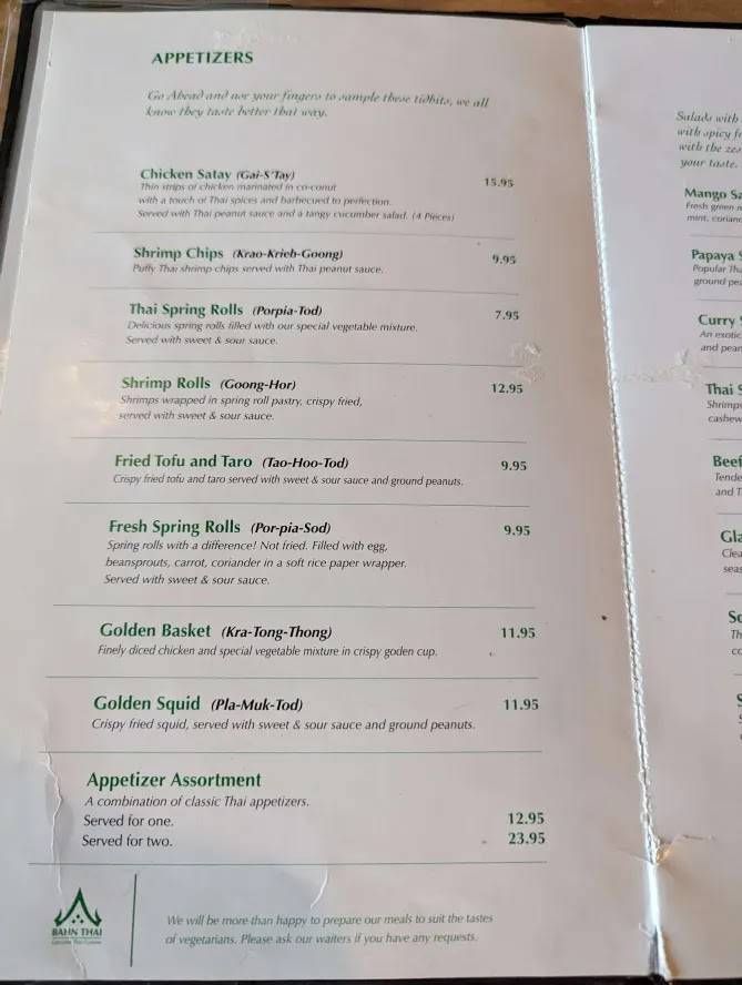 Menu at Bahn Thai Restaurant, Burlington